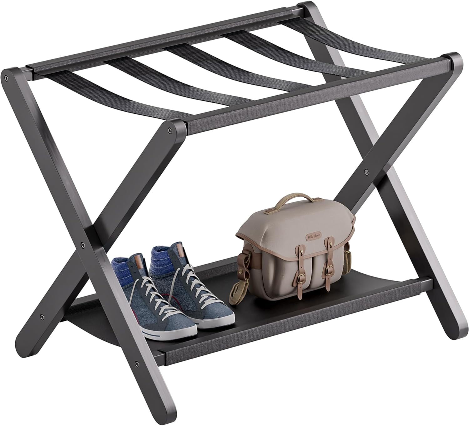 Luggage Rack, Folding Suitcase Stand with Storage Shelf, Premium Bamboo ...