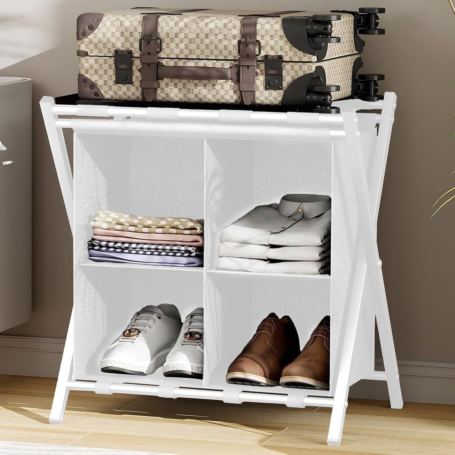 Luggage Rack for Guest Room, Folding Suitcase Stand with Fabric Storage ...
