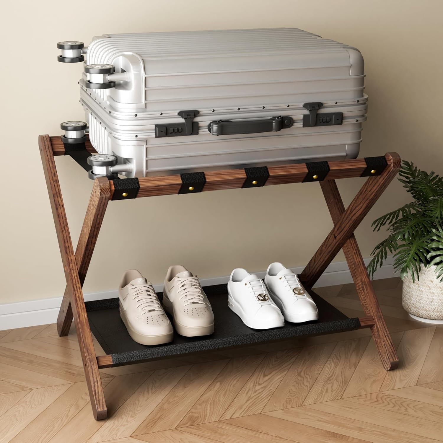 Luggage Rack, Solid Oak Wood Folding Suitcase Stand with Storage Shelf ...
