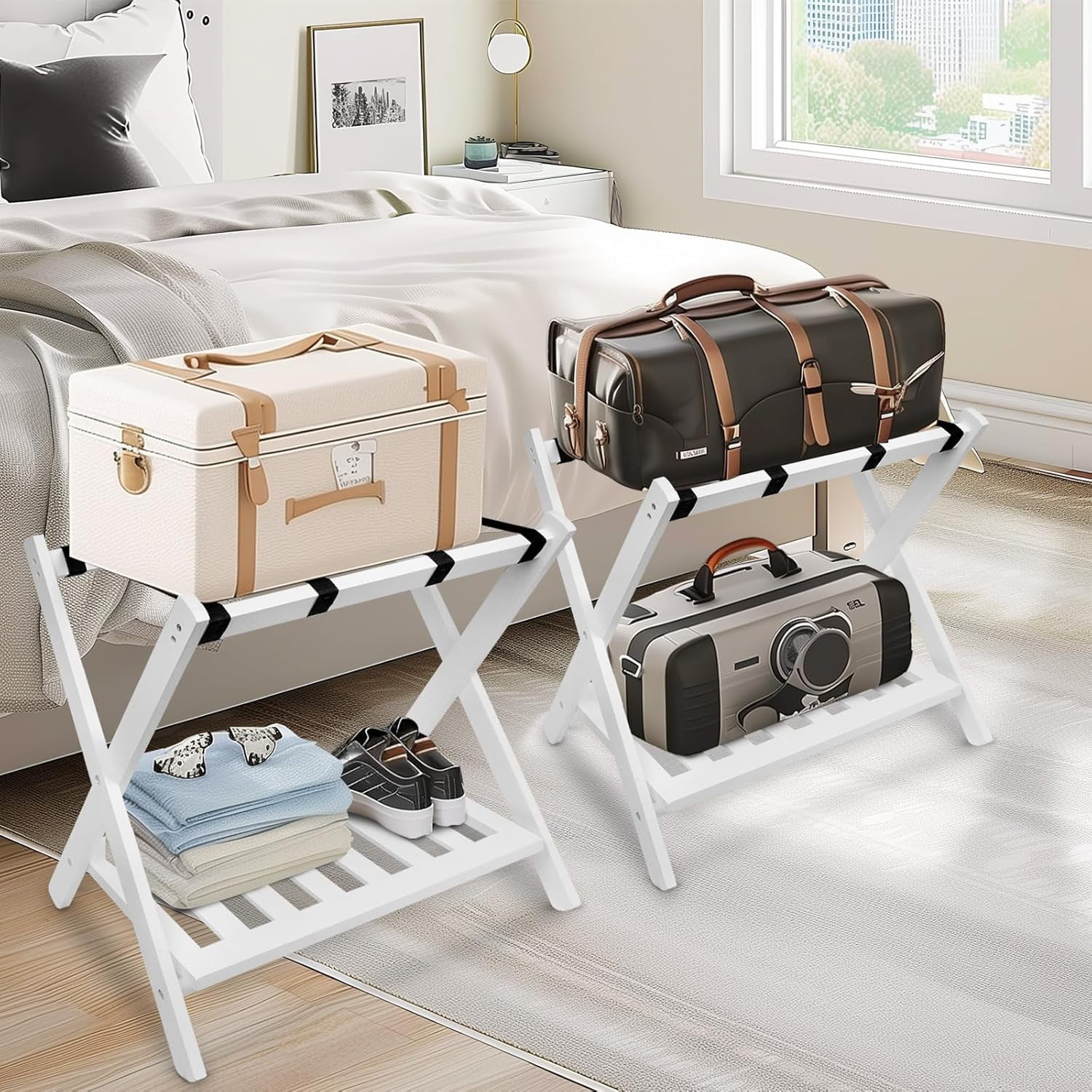 Luggage Racks Wood Folding Suitcase Stand with Storage Bags Luggage ...