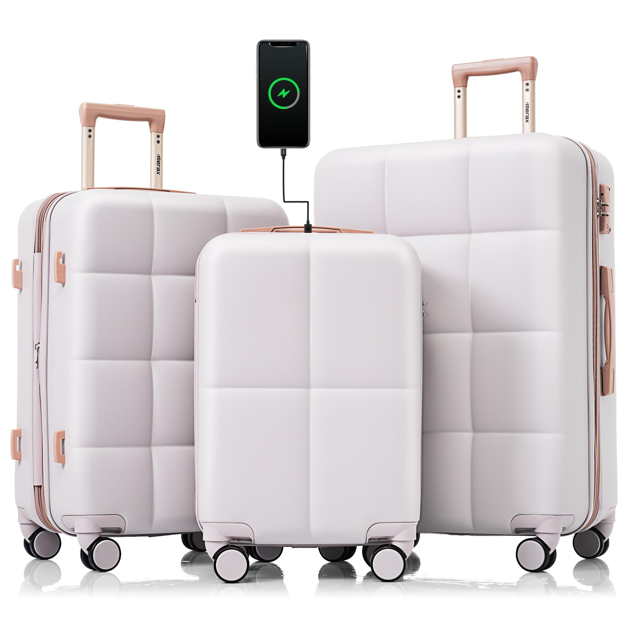 Luggage Set of 3, 20/24/30 Inch Suitcase Set with USB Port, Airline ...