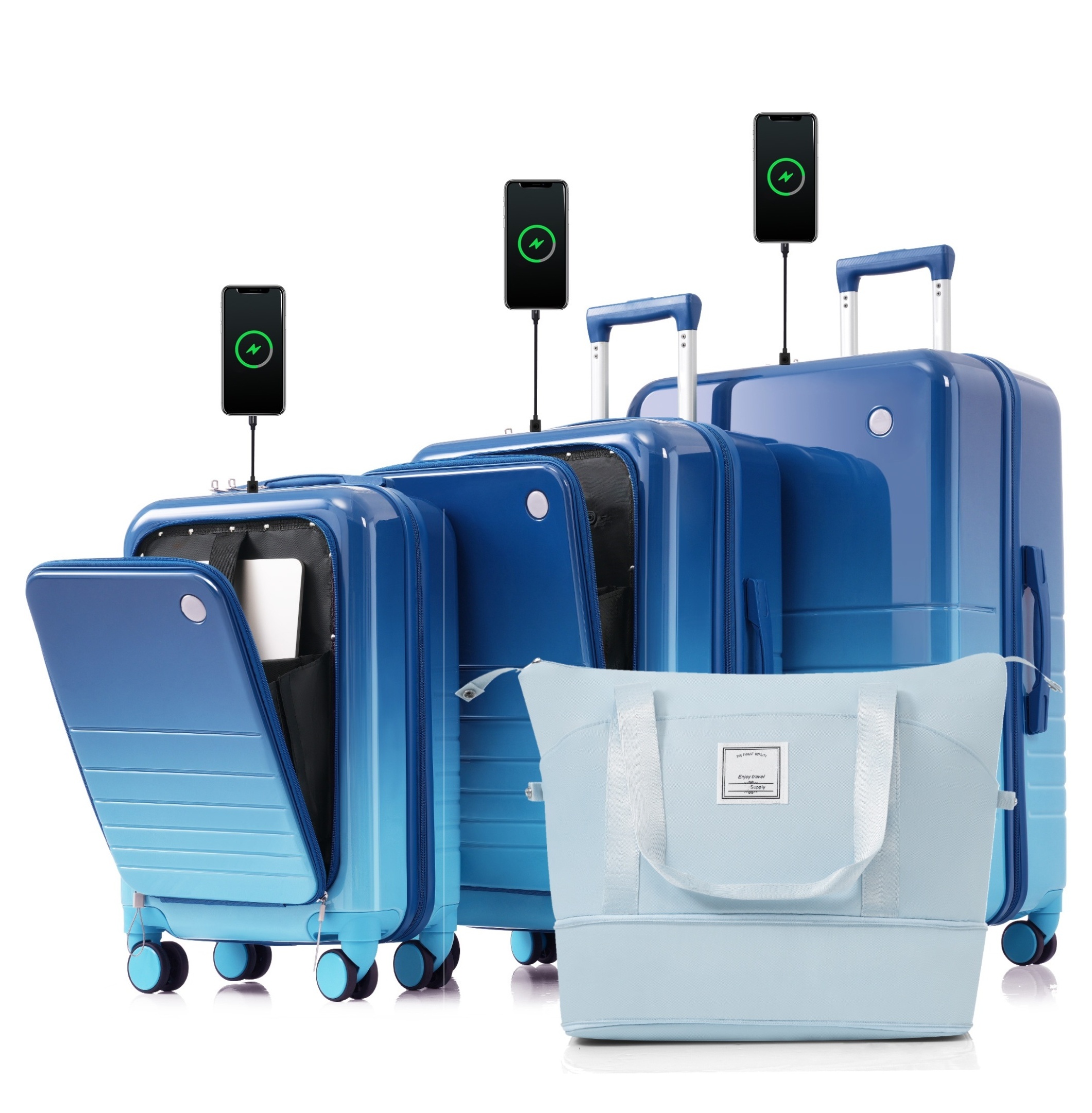 Luggage Set of 4 with USB Port, 20, 24inch with front opening design ...