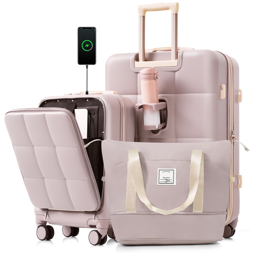 Luggage Sets 3 Piece Suitcases, Suitcase Set with Built-In Cup Holders ...