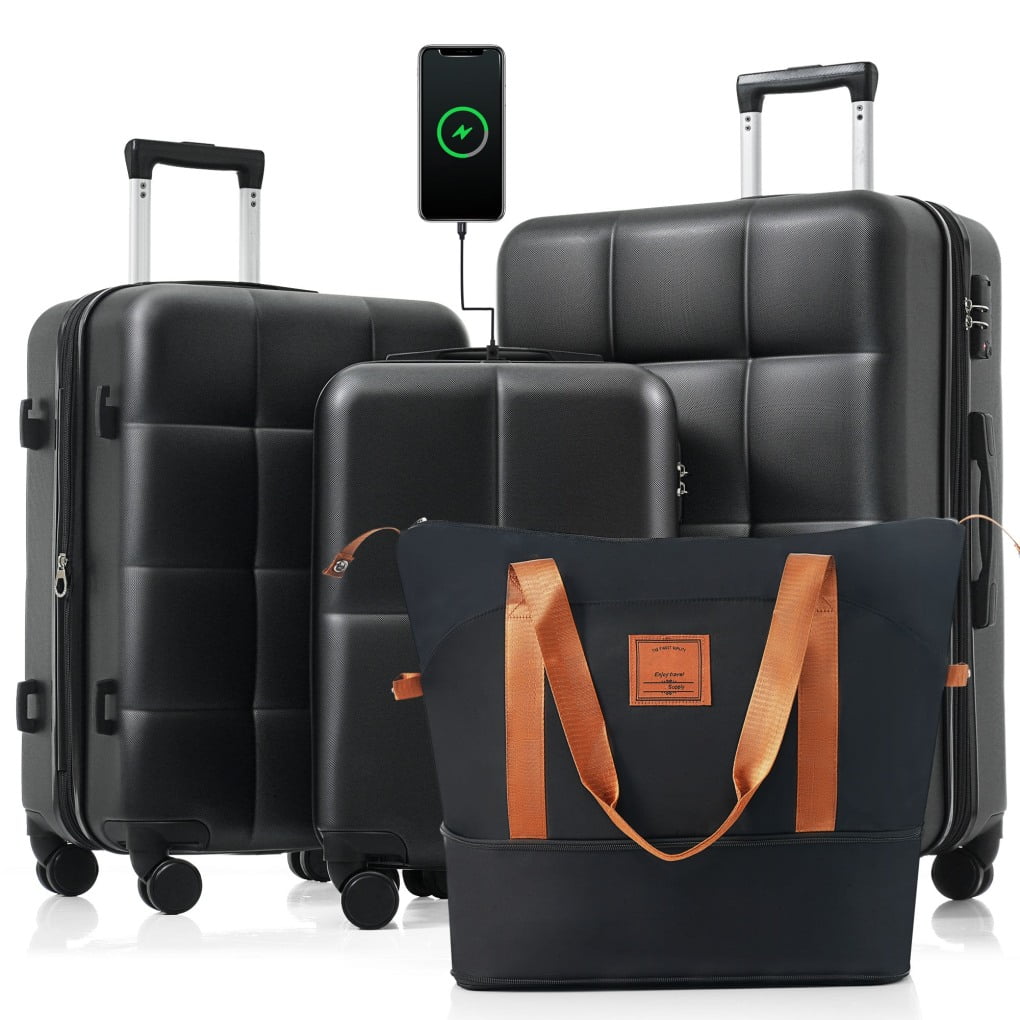 Luggage Sets 4 Piece, Expandable Suitcase Set with USB Port and Cup ...