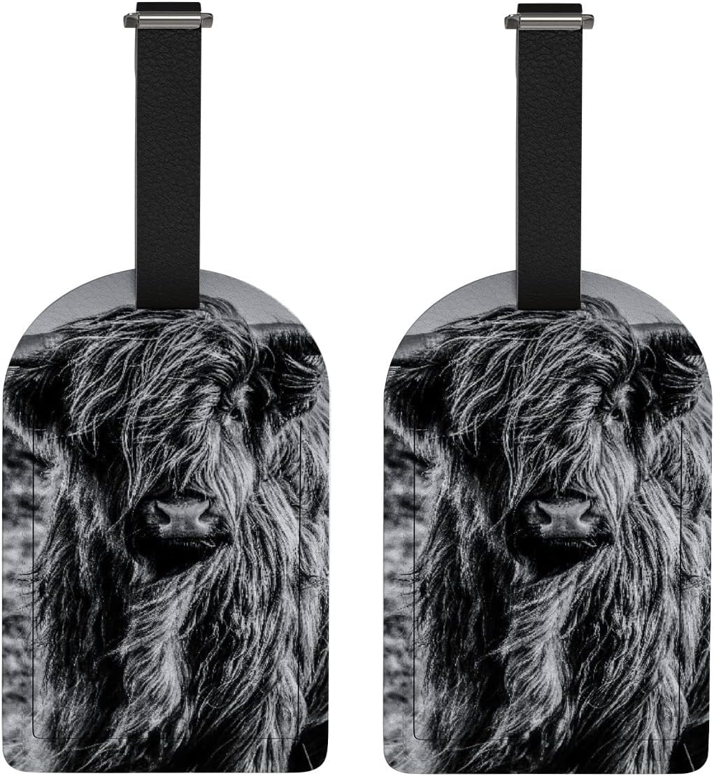 Luggage Tag Black and White Highland Cattle Full Back Privacy Name ID ...