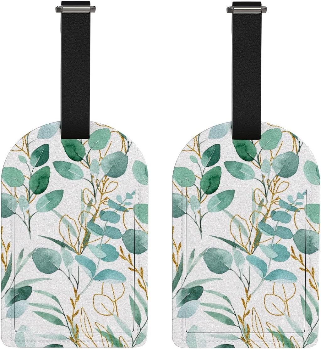 Luggage Tag Green Gold Eucalyptus Leaves Full Back Privacy Name ID Card ...
