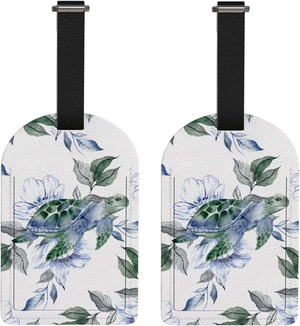 Luggage Tag Turtles Leaves and Flowers Full Back Privacy Name ID Card ...