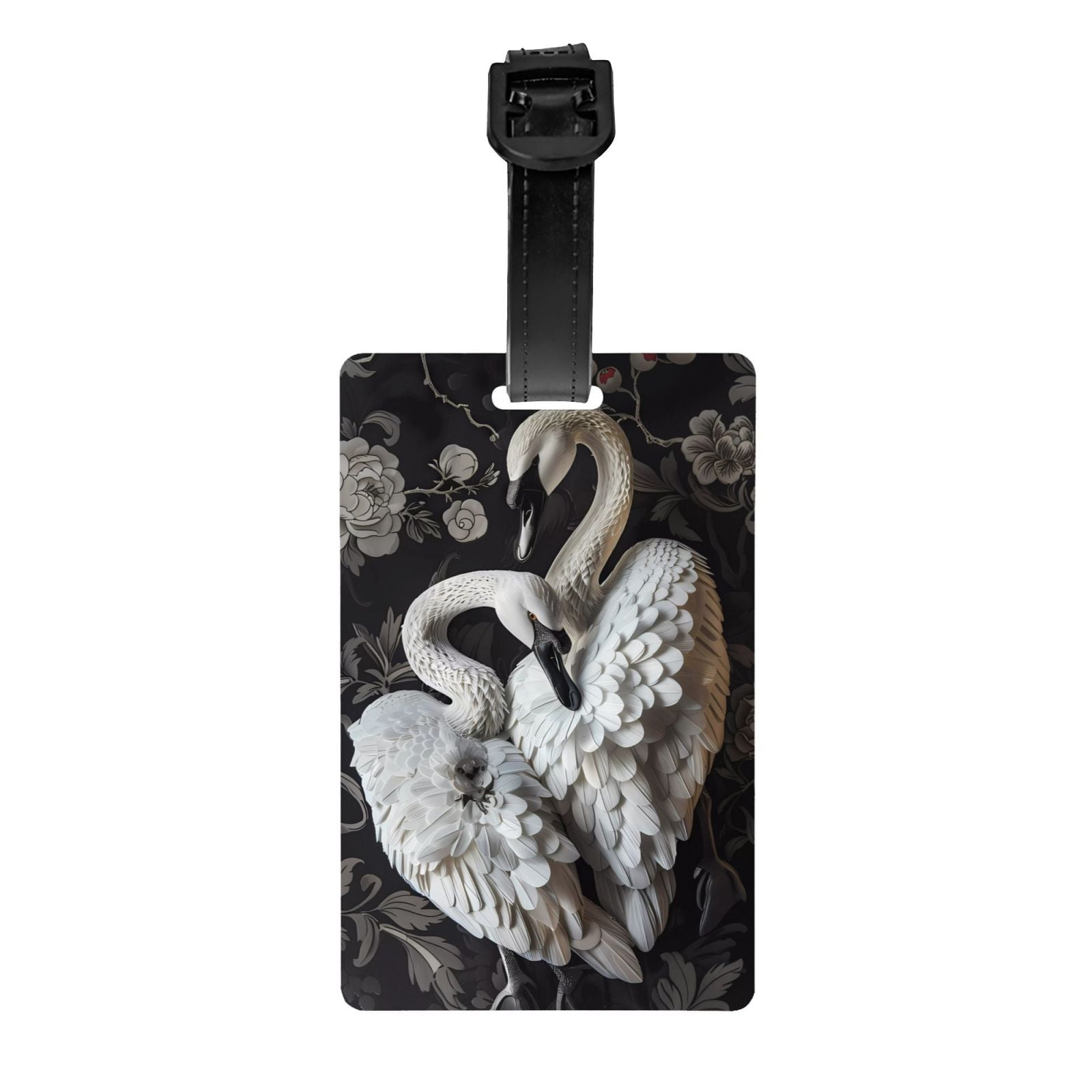 Luggage Tags for Suitcases, Elegant Swans Black Background Leather Bag ...