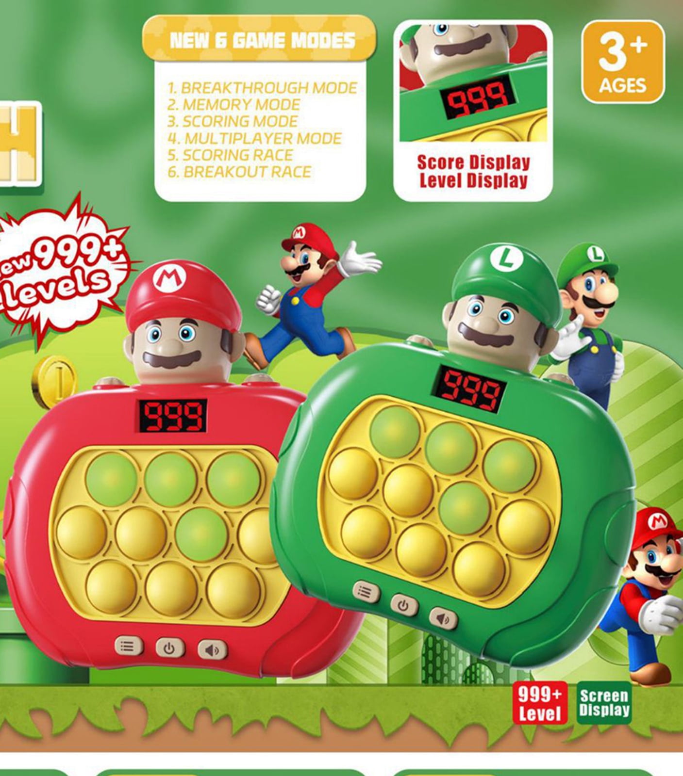 Luigi Fast Push Game, Cute Anime Pop Fidget Light Up Bubble Handheld ...