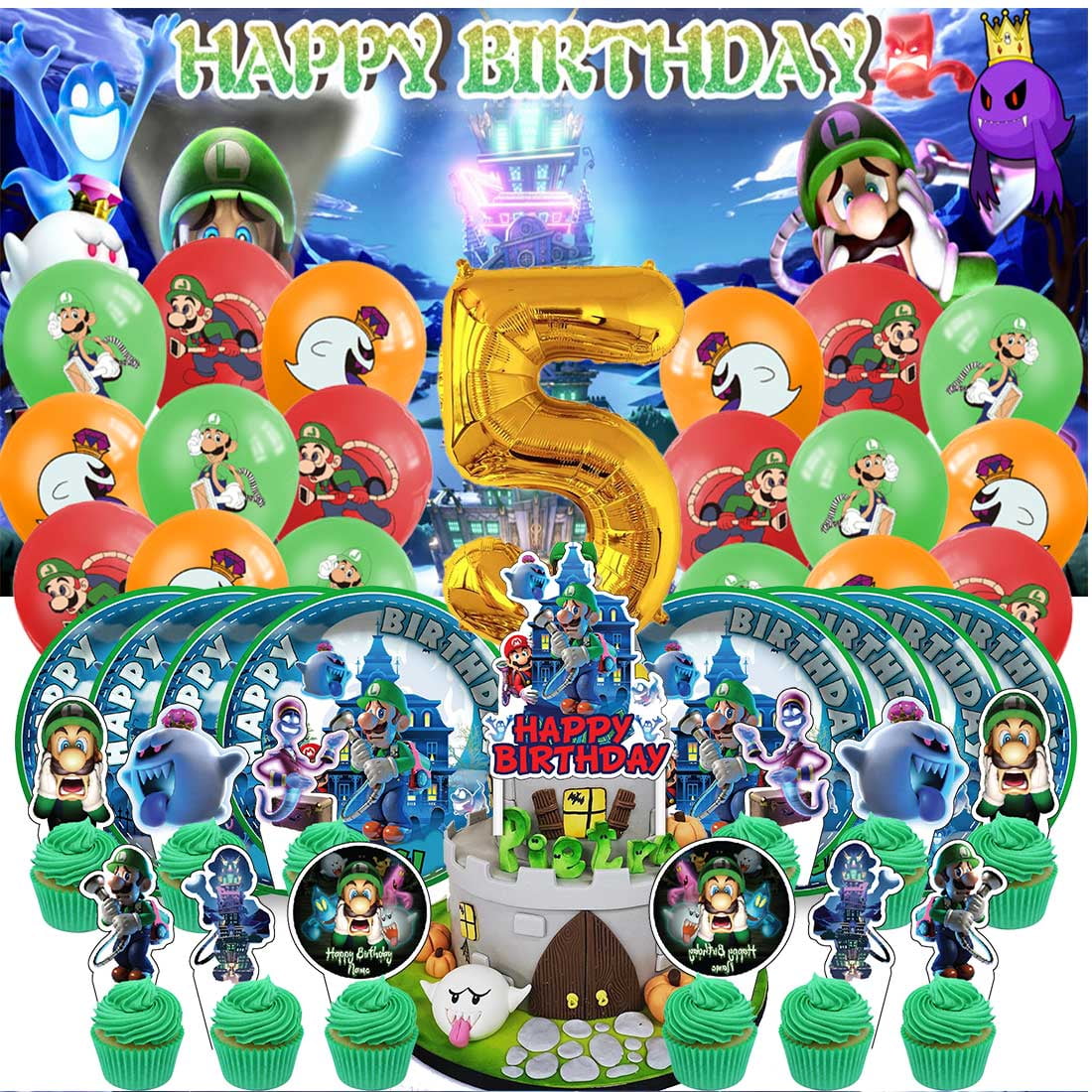 Luigi Mansion Balloons Party Supplies 5th Decor Tableware Birthday Cake ...