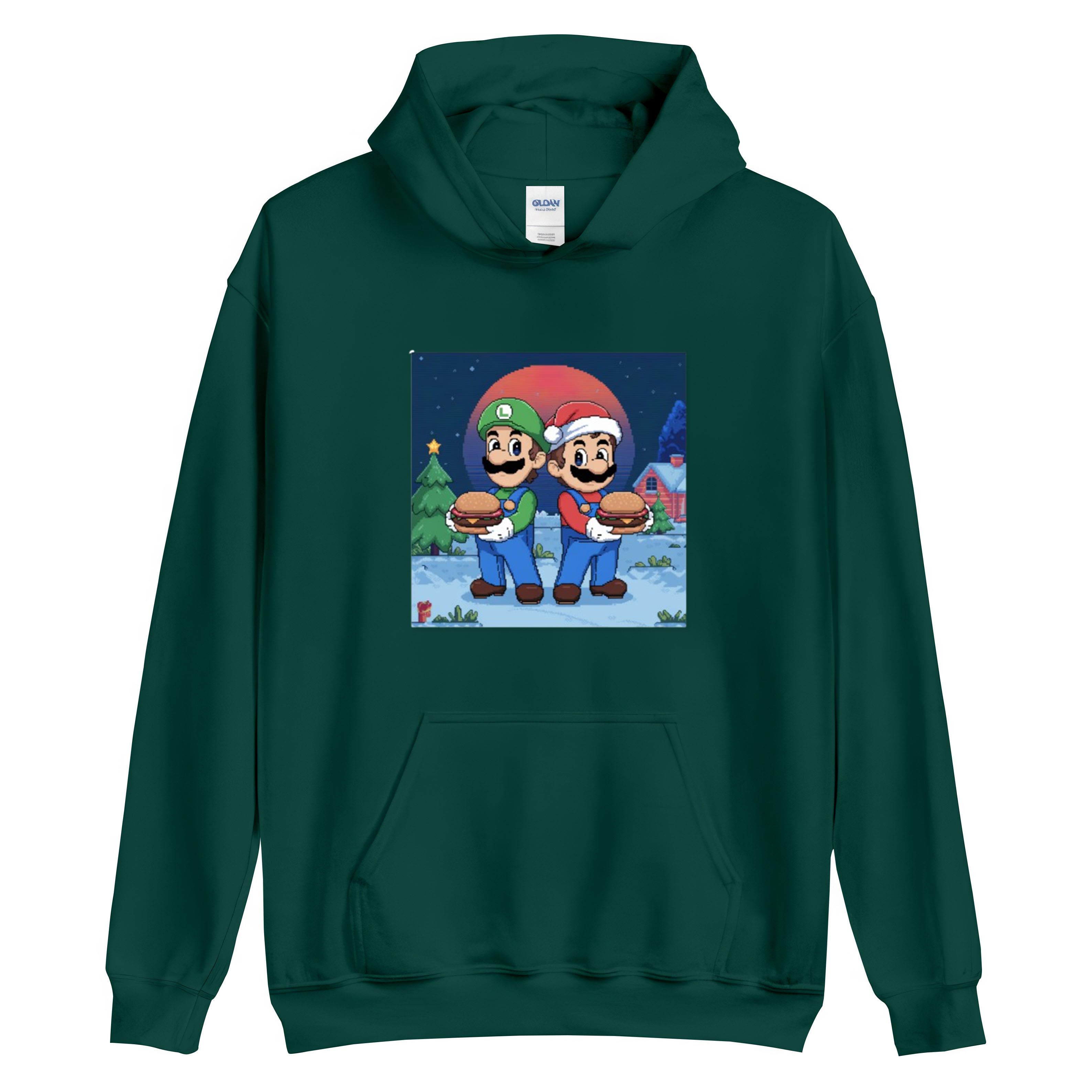 Luigi and Mario eating In-N-Out Burger on a Christmas background Hoodie ...