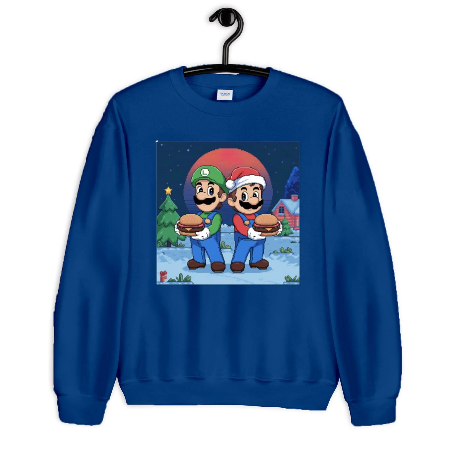 Luigi and Mario eating In-N-Out Burger on a Christmas background sweat ...