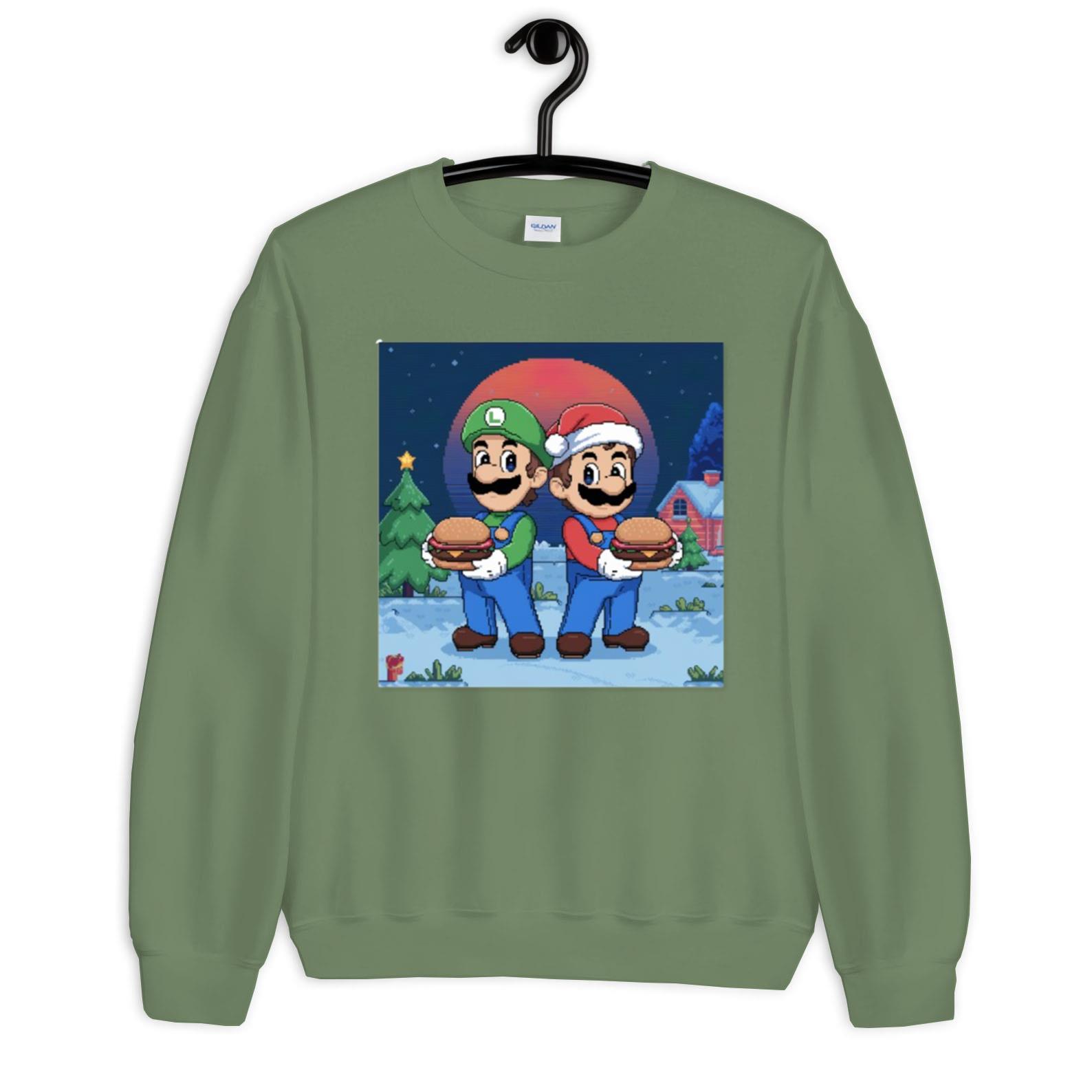 Luigi and Mario eating In-N-Out Burger on a Christmas background sweat ...