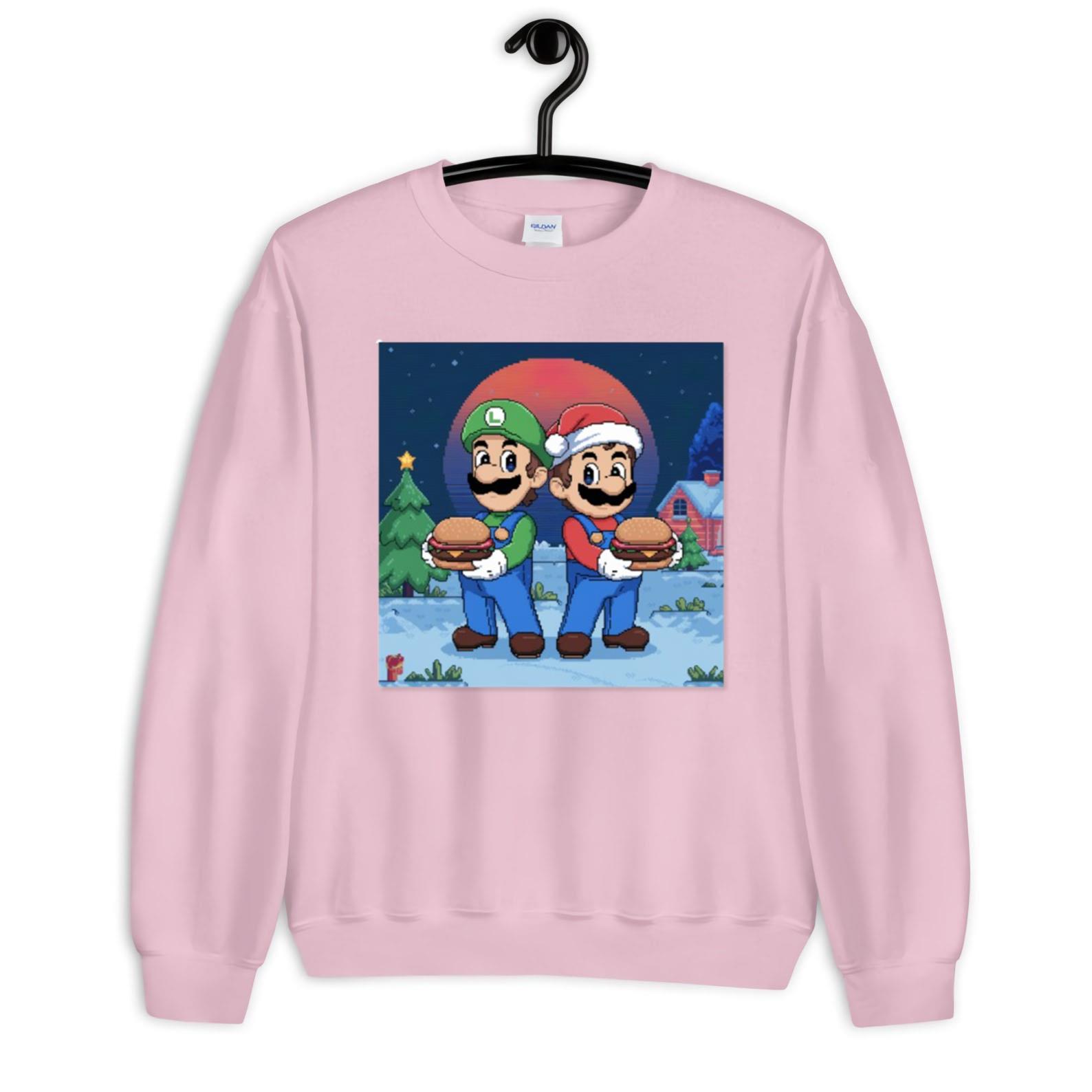Luigi and Mario eating In-N-Out Burger on a Christmas background sweat ...