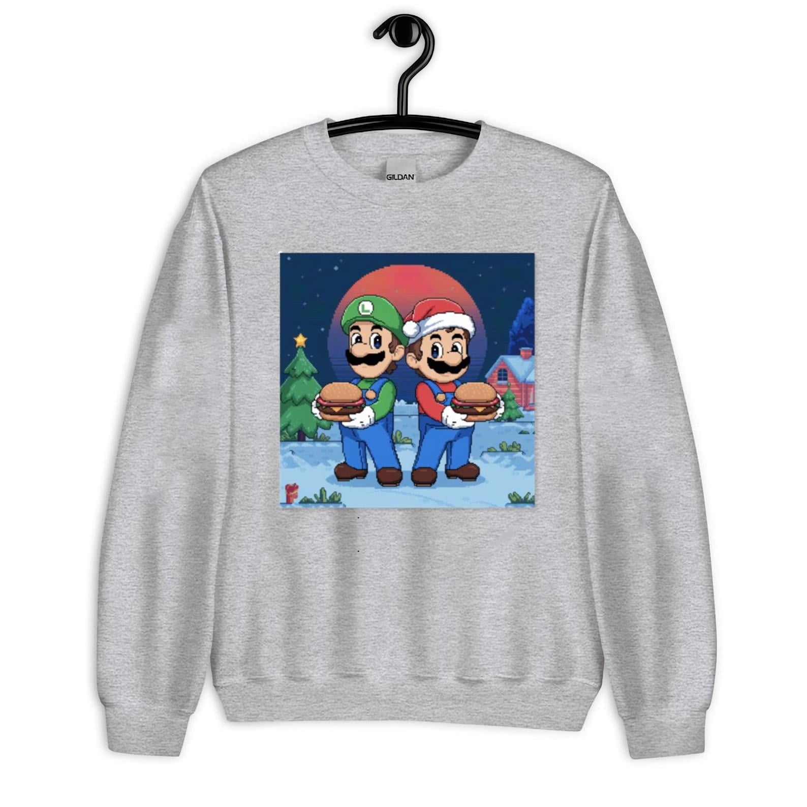 Luigi and Mario eating In-N-Out Burger on a Christmas background sweat ...