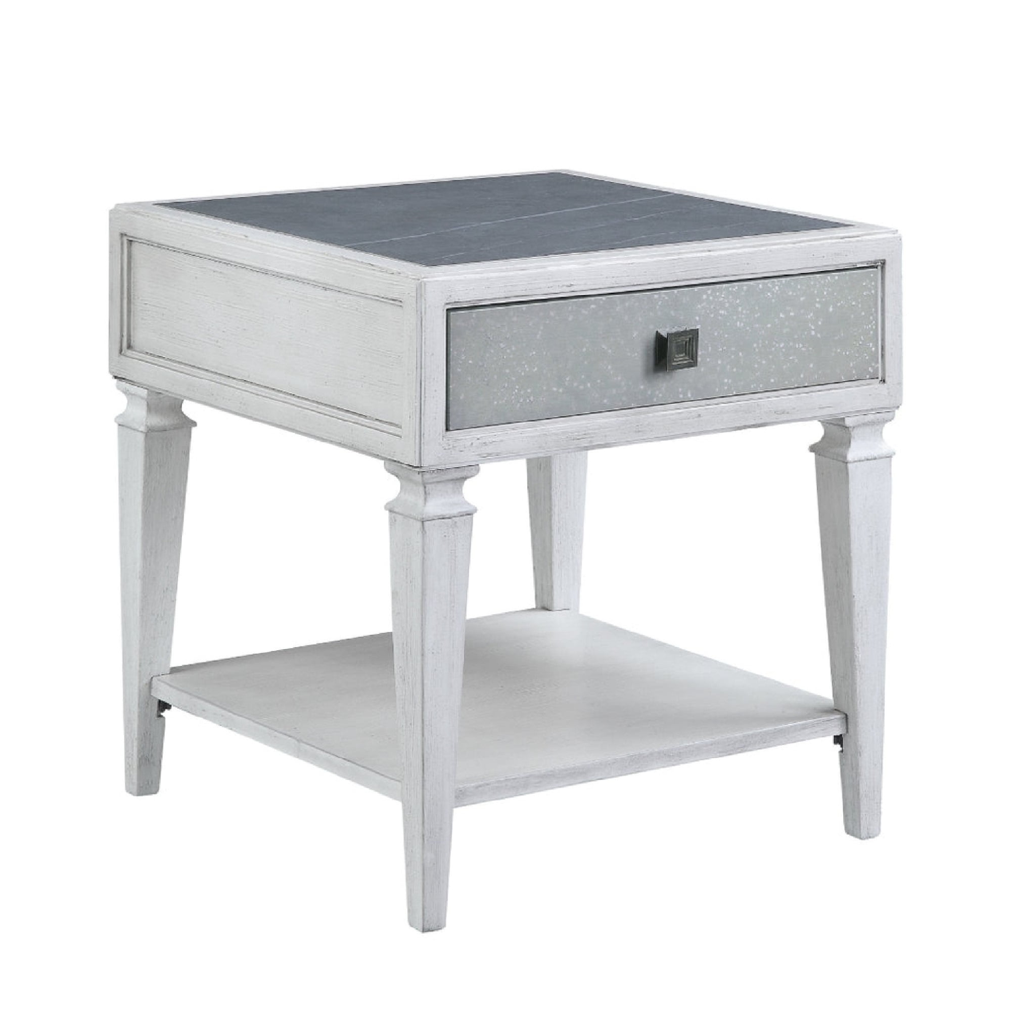 Luis 24 Inch End Table, Sintered Stone Top, Tapered Legs, Antique White ...