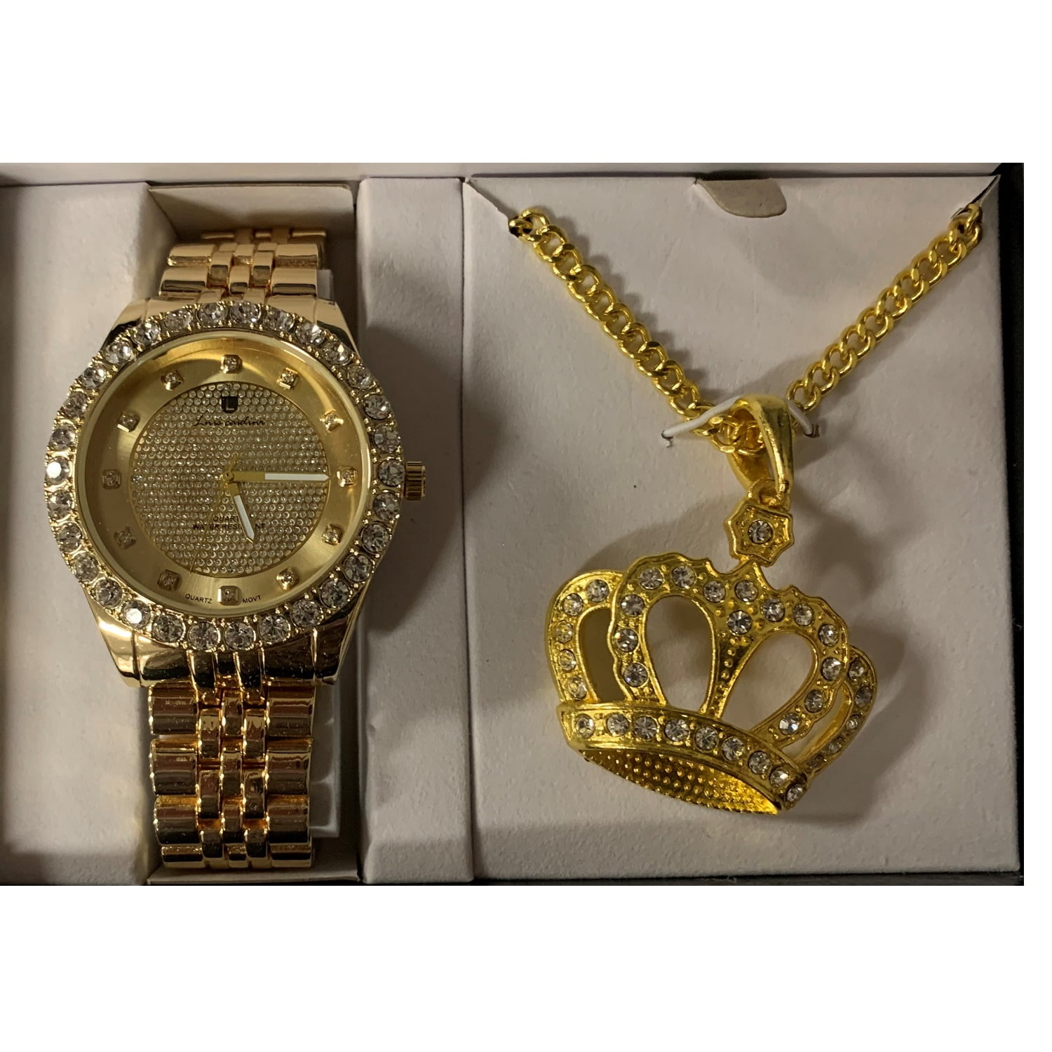 Luis Cardini Gold Bling Set – Watch with a Crown Pendant Necklace ...