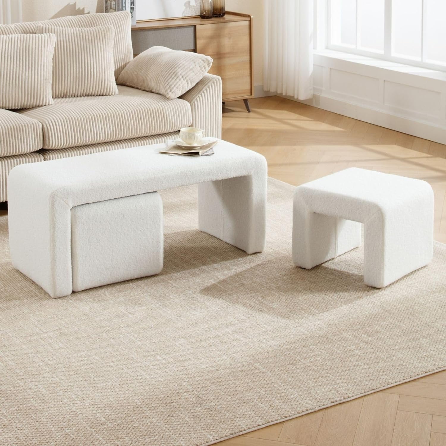 LukeAlon 3-Piece Nesting Ottoman Bench Set, 40.5" Wide Upholstered End ...