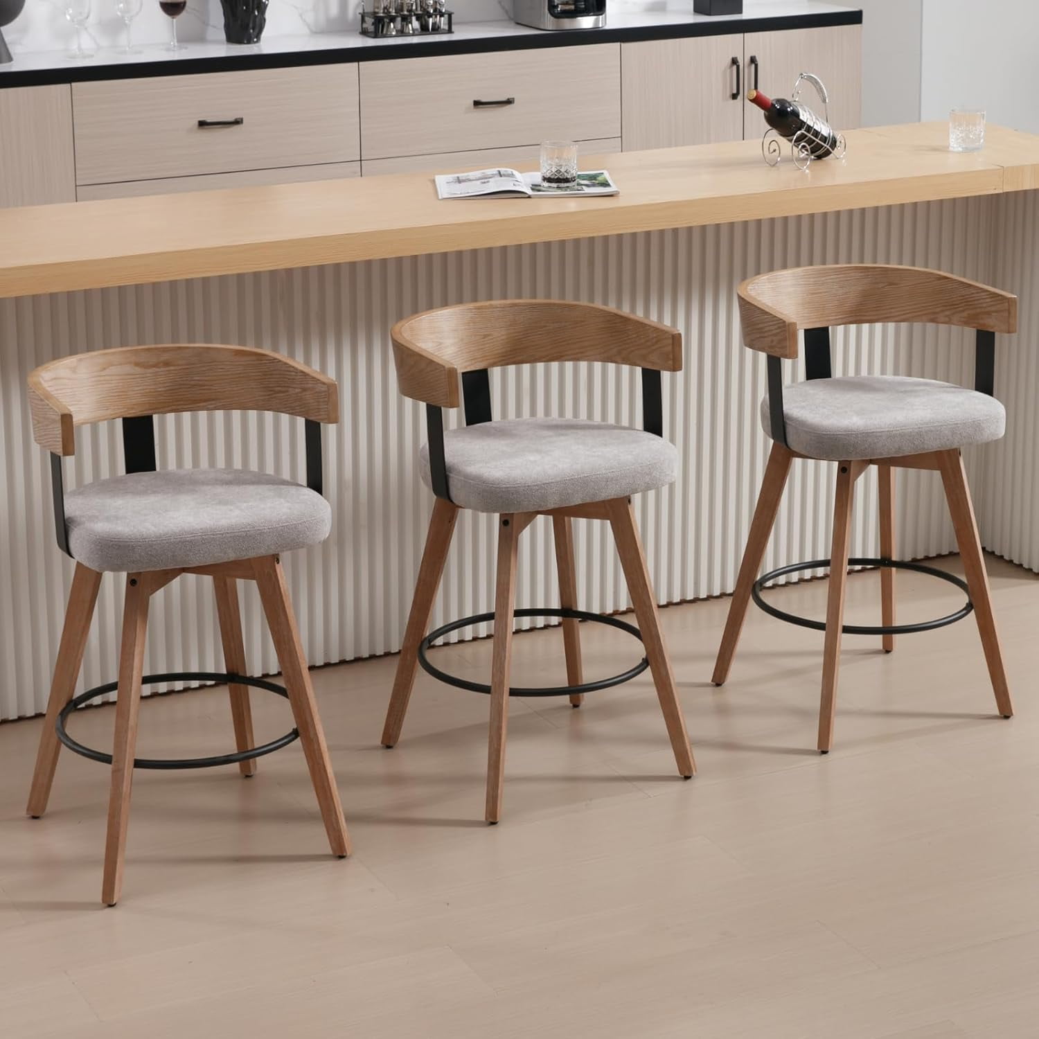 LukeAlon Linen Counter Stools Set of 3, 360-Degree Swivel Wooden ...