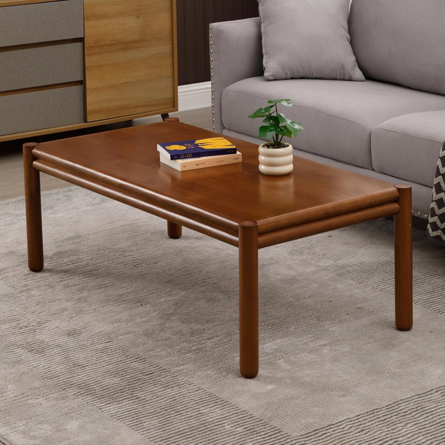 LukeAlon Mid-Century Long Coffee Table, Pine Wood Rectangle Center ...