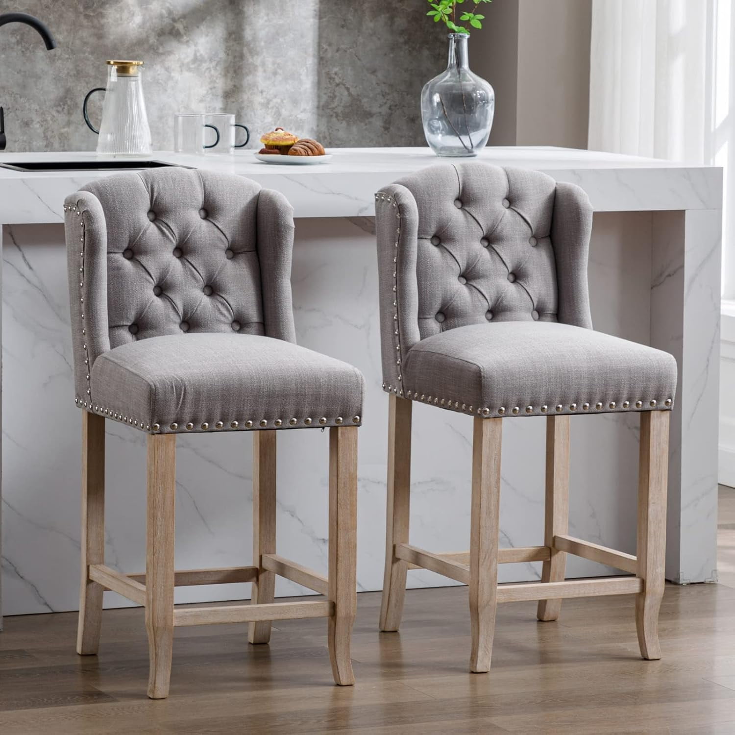LukeAlon Modern 26" Linen Counter Height Stools Set of 2, Upholstered ...