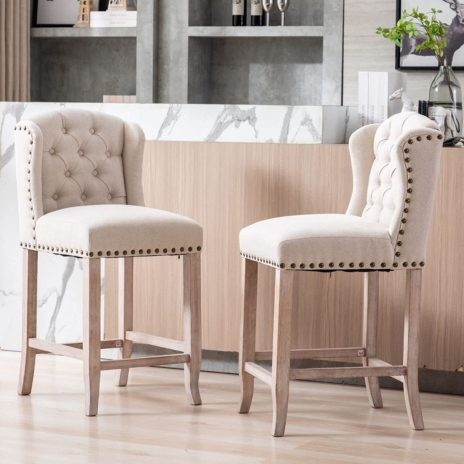 LukeAlon Modern 26" Linen Counter Height Stools Set of 2, Upholstered ...