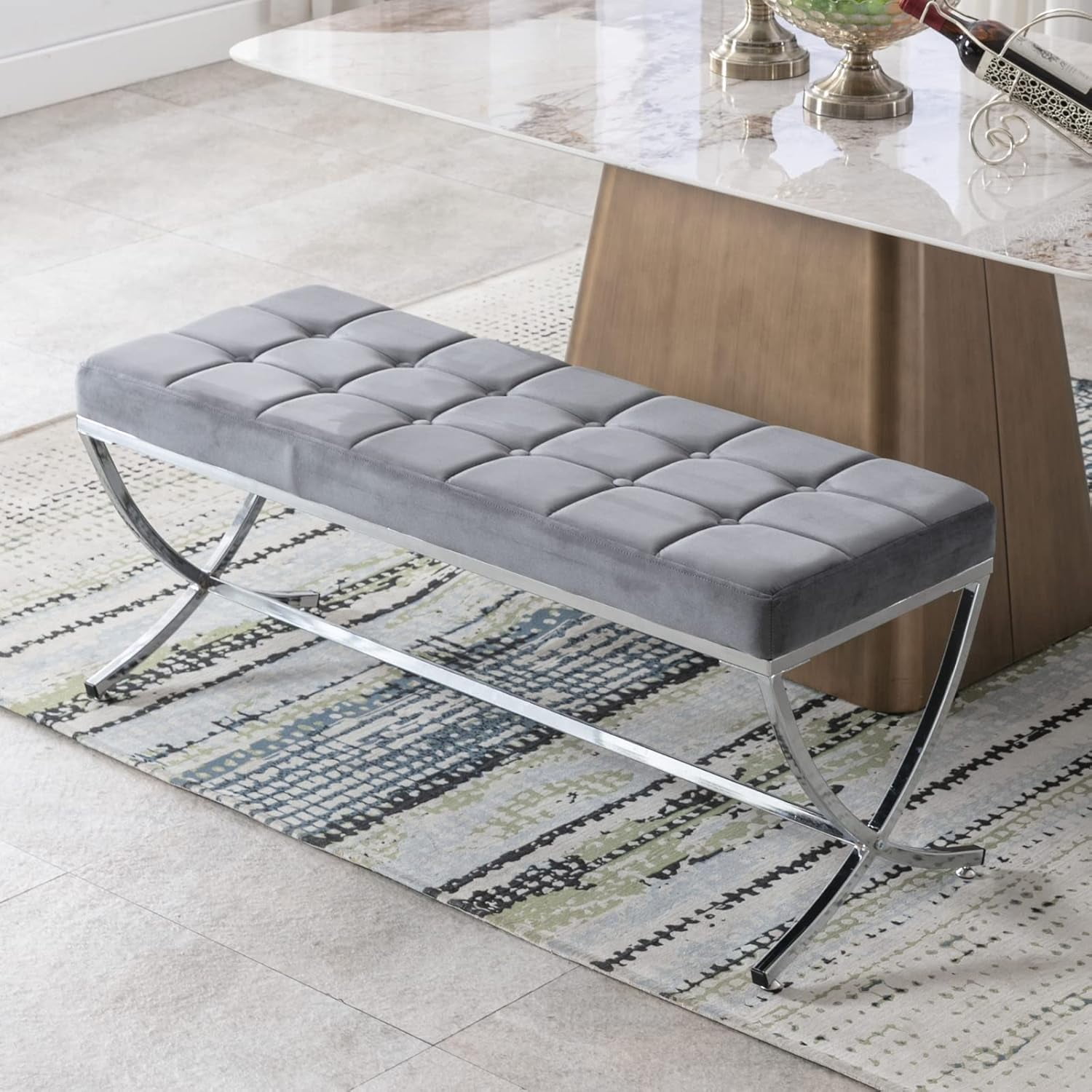 LukeAlon Modern Velvet Dining Bench, Button Tufted Ottoman Bench with X ...