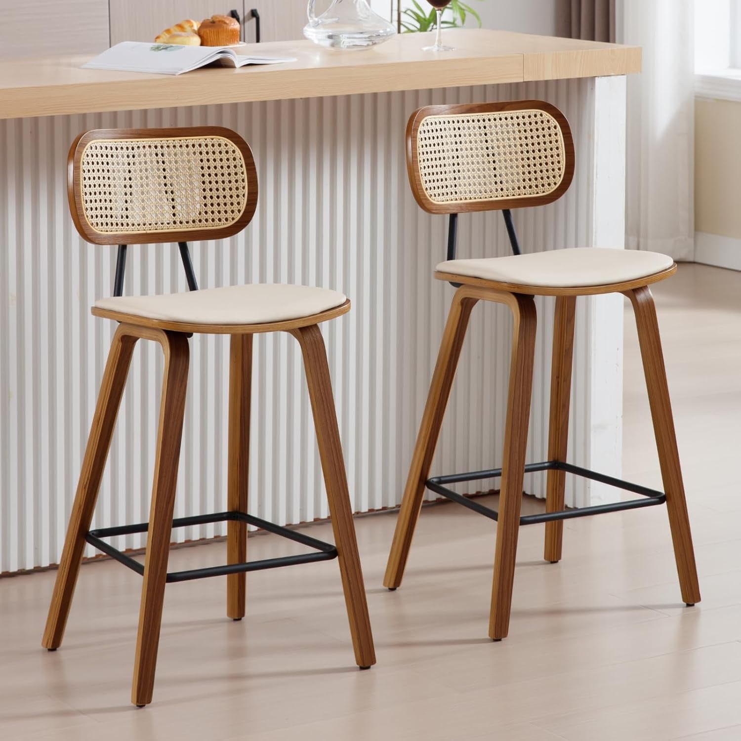 LukeAlon PU Leather Counter Stools Set of 2, Open Cane Backrest Low ...