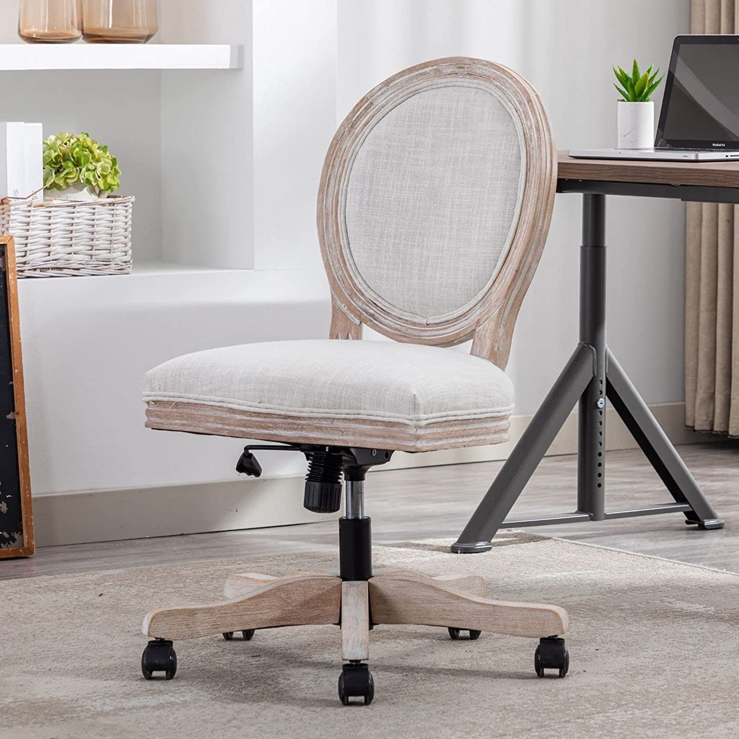 LukeAlon Rattan Back Linen Office Chair, Adjustable Height Swivel Task ...
