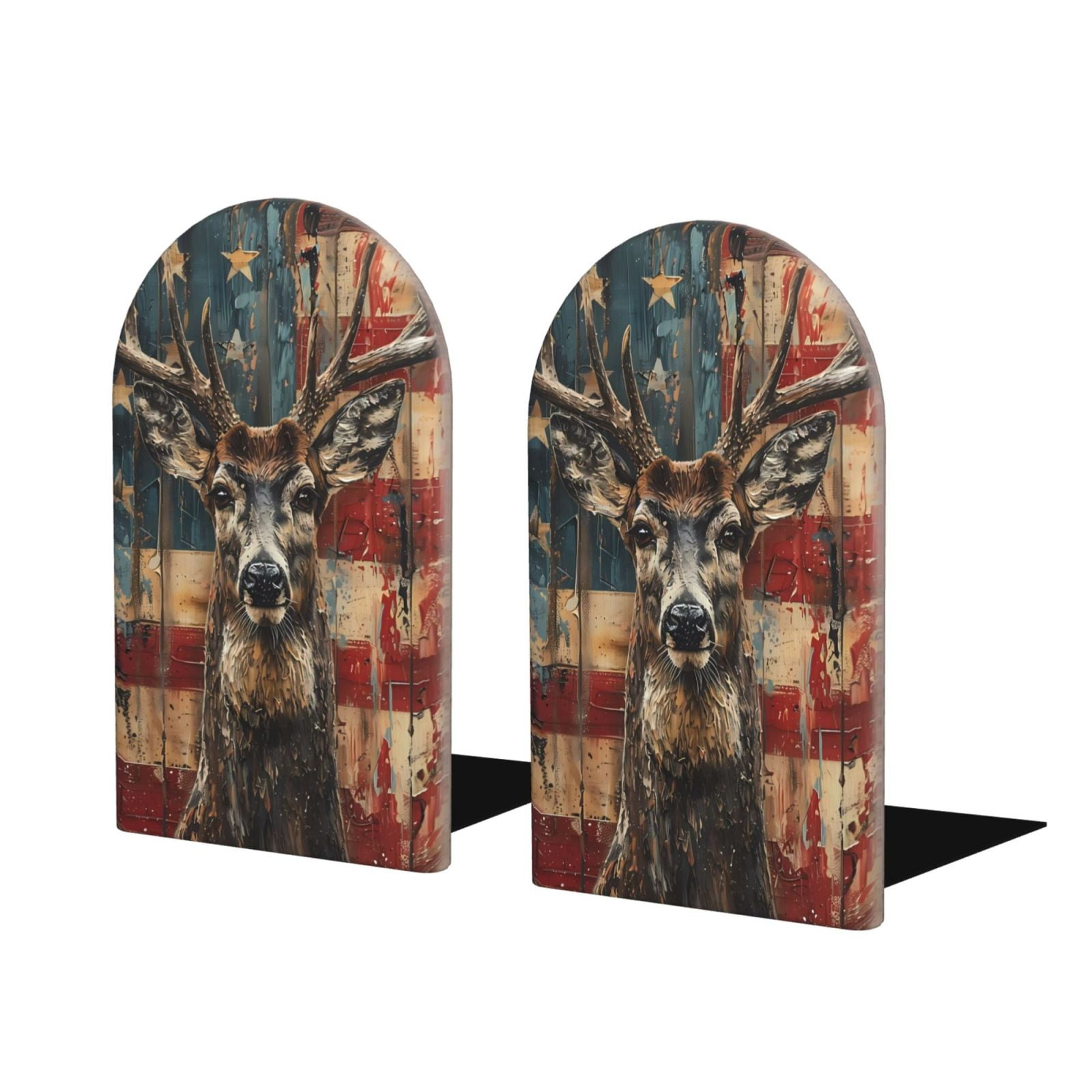 Lukts American Flag Deer Art Print Wood Bookends,Non-Skid Bookend for ...