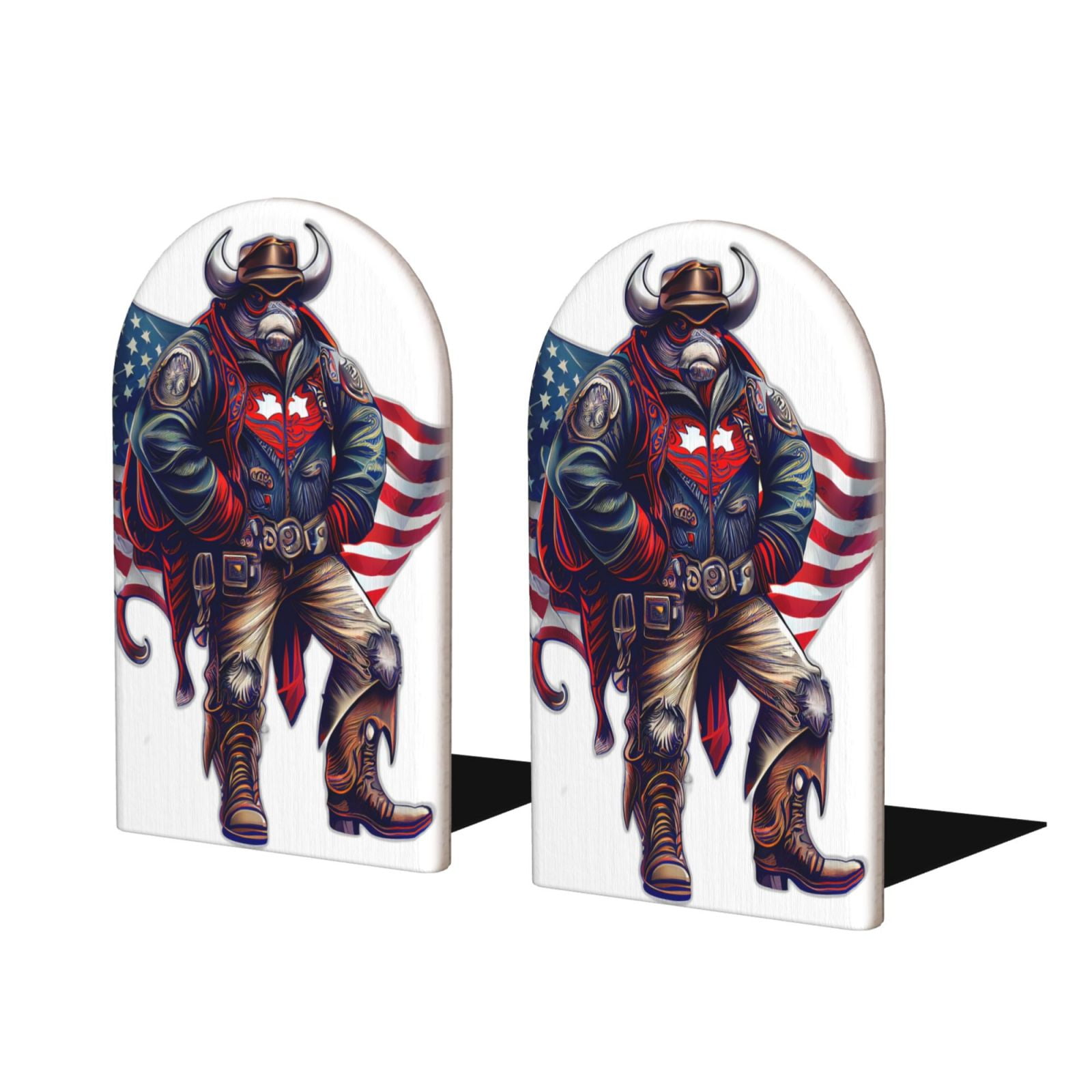 Lukts Cool Patriotic Buffalo Cowboy Print Wood Bookends,Non-Skid ...