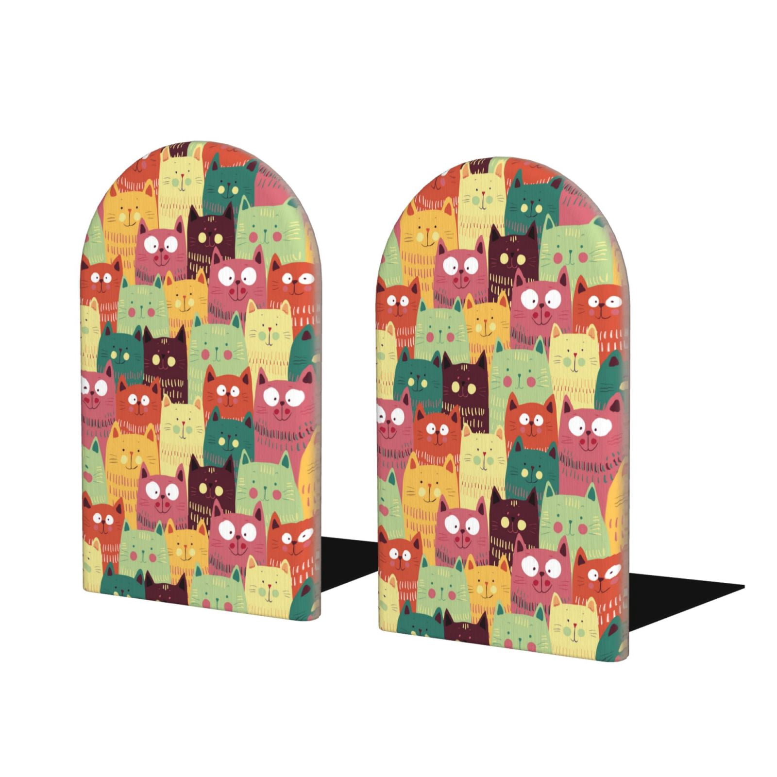 Lukts Cute Cartoon Cat Print Wood Bookends,Non-Skid Bookend for Shelves ...