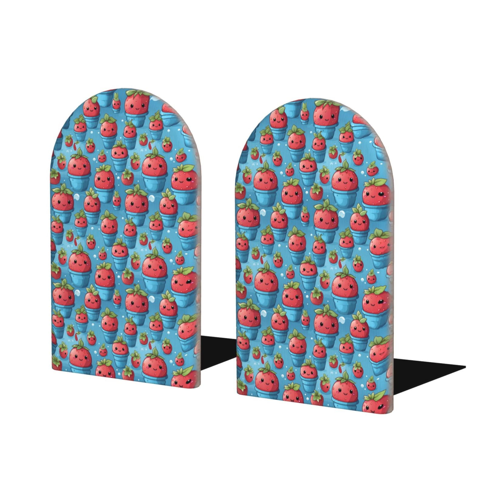 Lukts Cute Strawberry Flower Pot Print Wood Bookends,Non-Skid Bookend ...