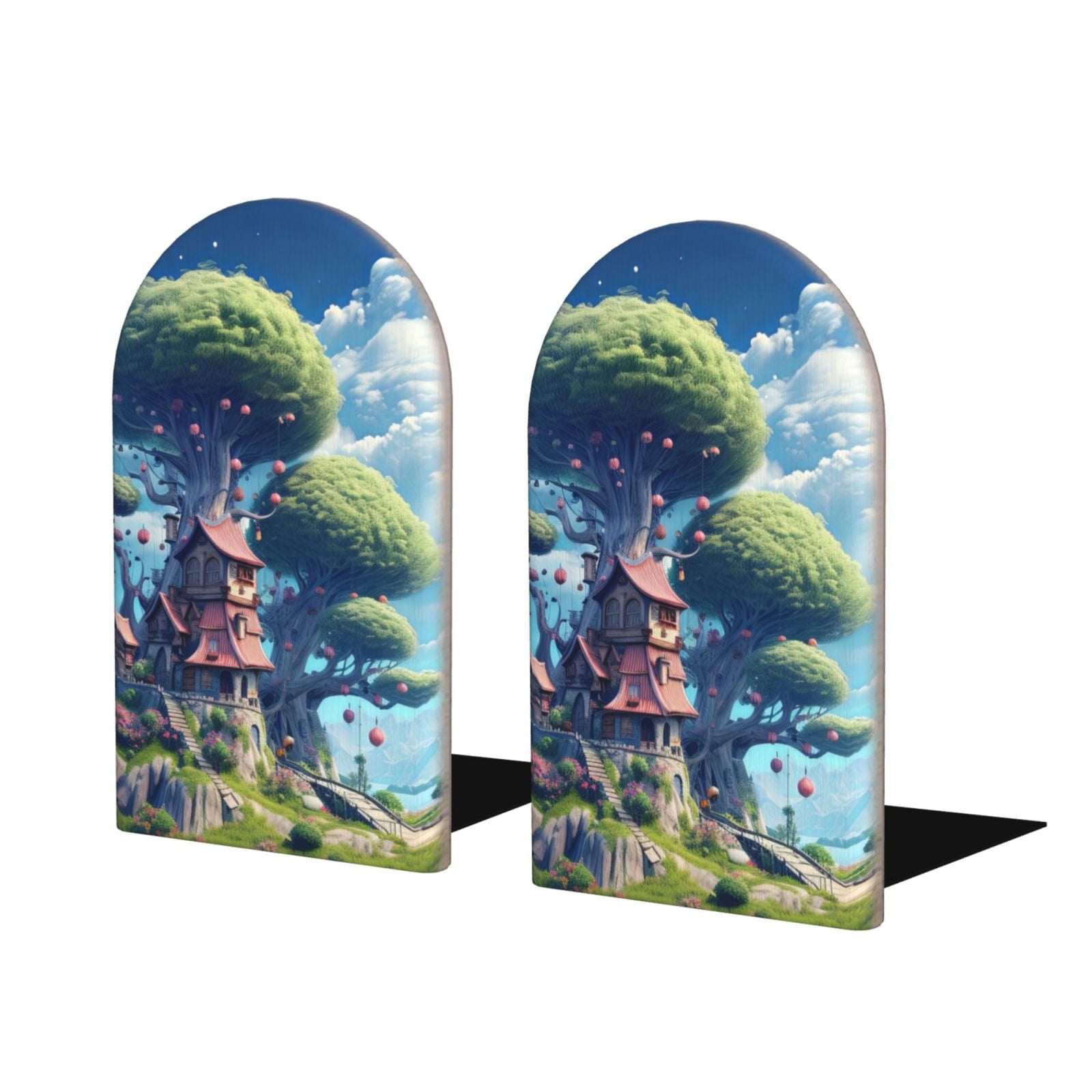 Lukts Fantasy Treehouse Planet Scene Print Wood Bookends,Non-Skid ...