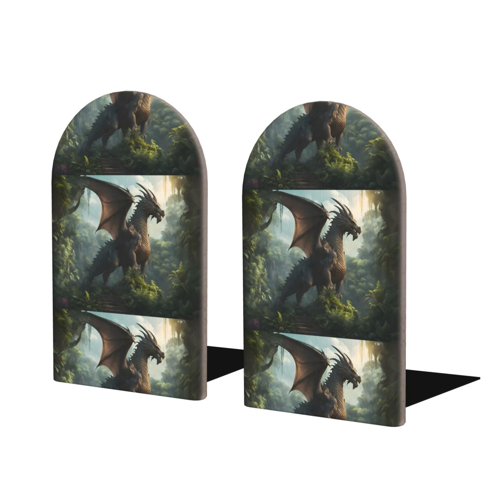 Lukts Forest Stone-Colored Dragon Print Wood Bookends,Non-Skid Bookend ...