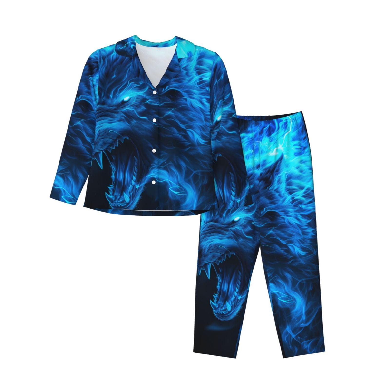 Lukts Ice Blue Fire Wolf Print 2 Pcs Women's Pajama Set Long Sleeve Top ...