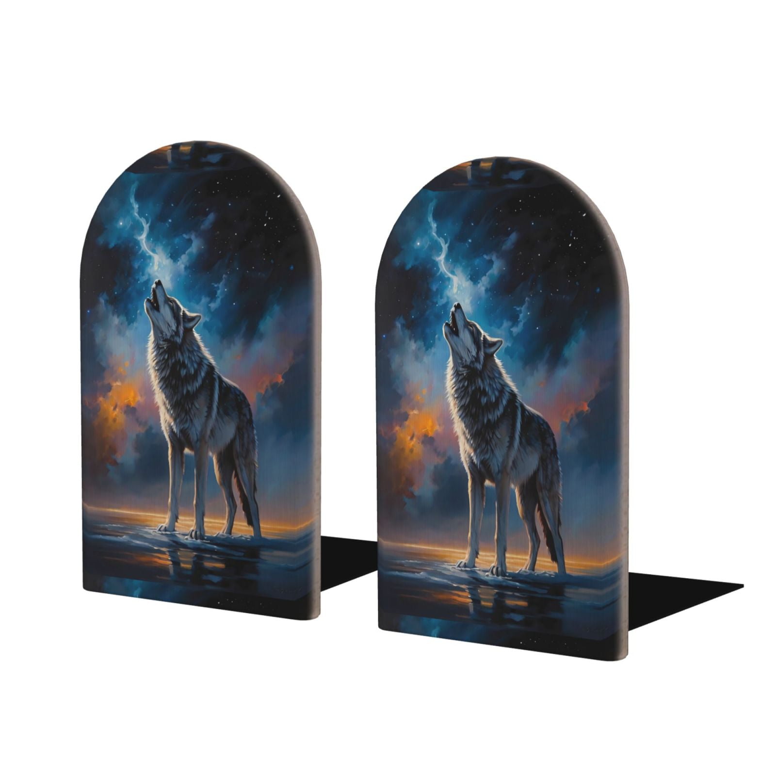 Lukts Lonely Night Sky Wolf Print Wood Bookends,Non-Skid Bookend for ...