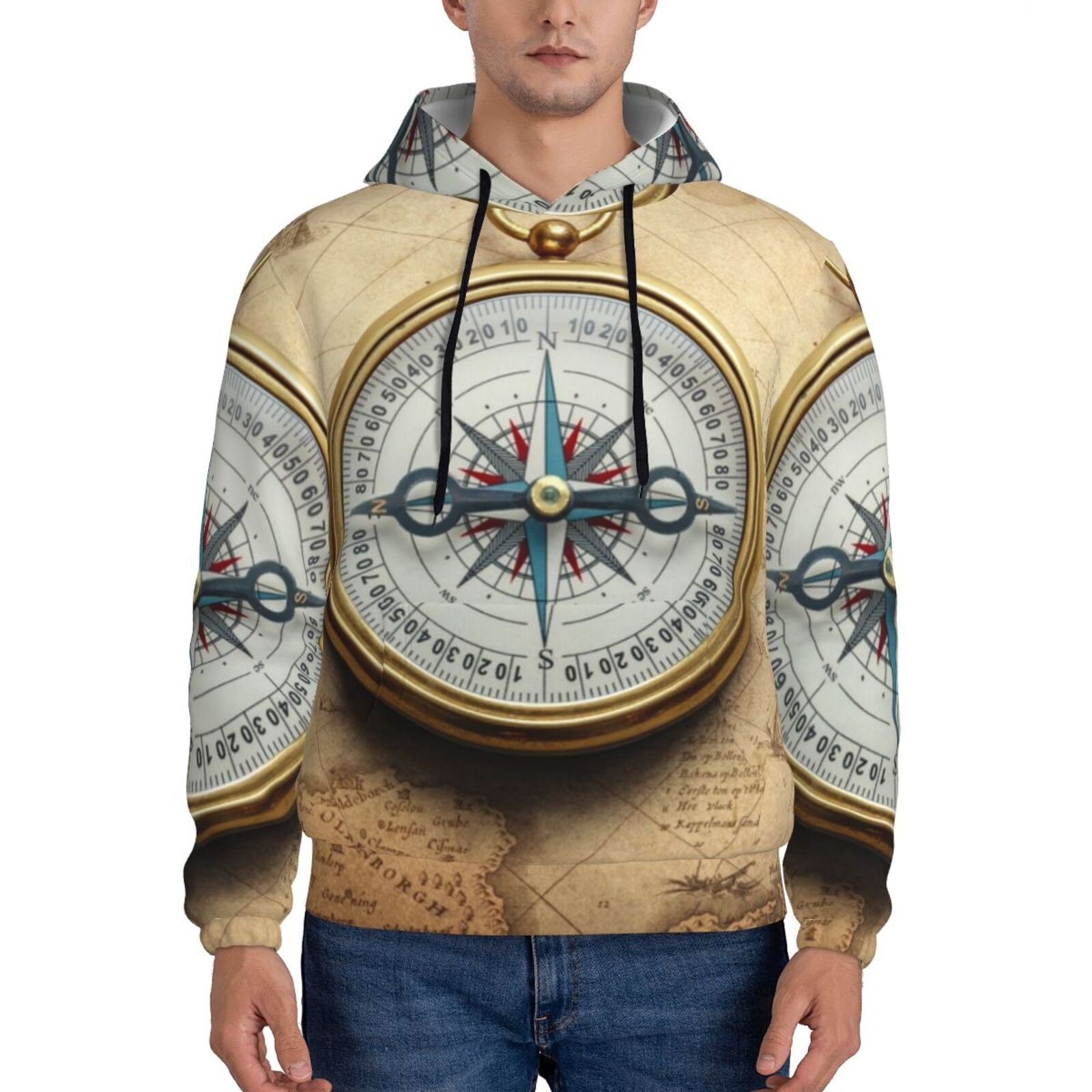 Lukts Magnetic Old Compass On World Map Pattern Pullover Hoodie Men's ...