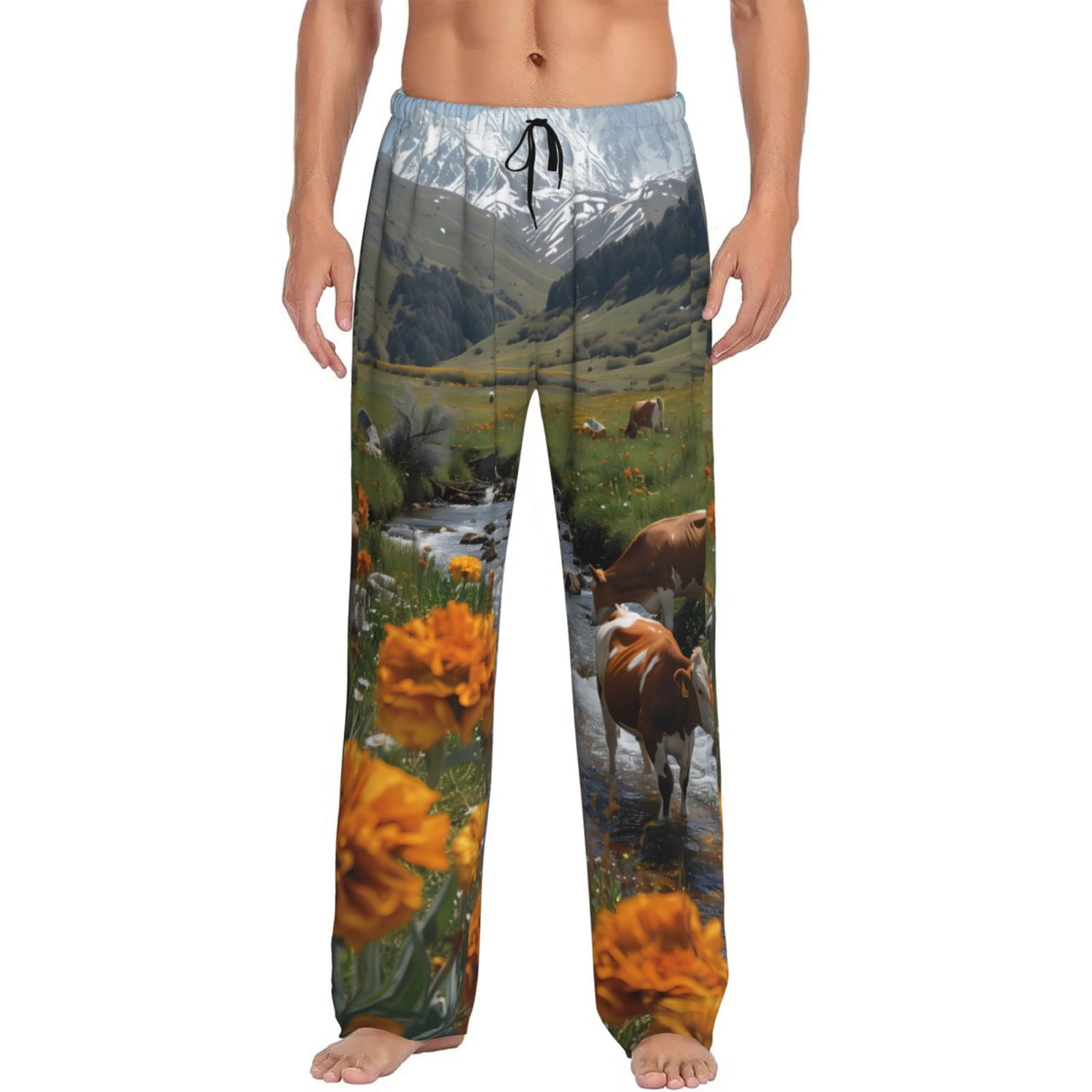 Lukts Mountain Cows Flower Stream for Men - Sleek Straight Pajama Pants, Versatile Lounge Pants ...