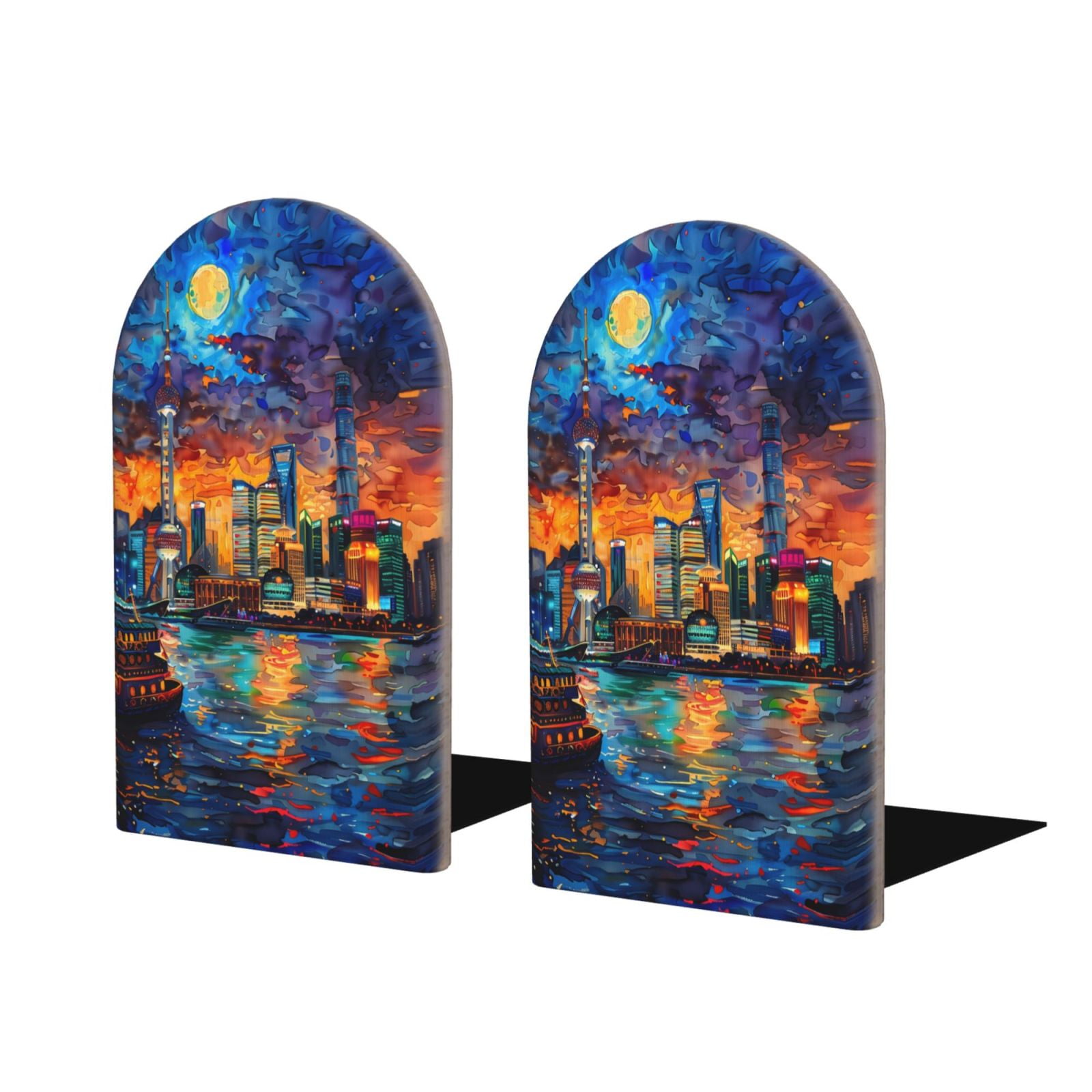 Lukts Neon Shanghai Cityscape Night Print Wood Bookends,Non-Skid ...