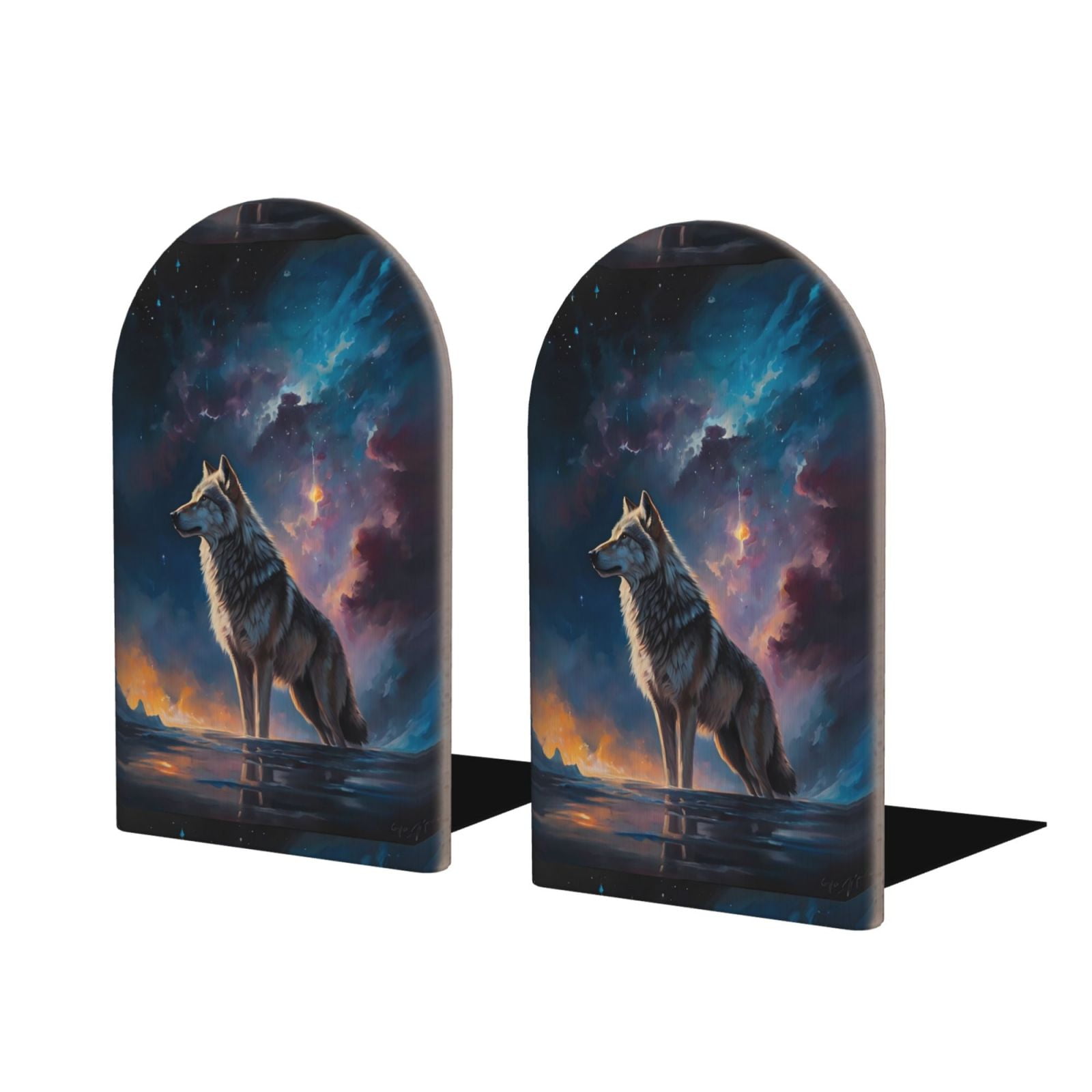 Lukts Night Sky Wolf Print Wood Bookends,Non-Skid Bookend for Shelves ...