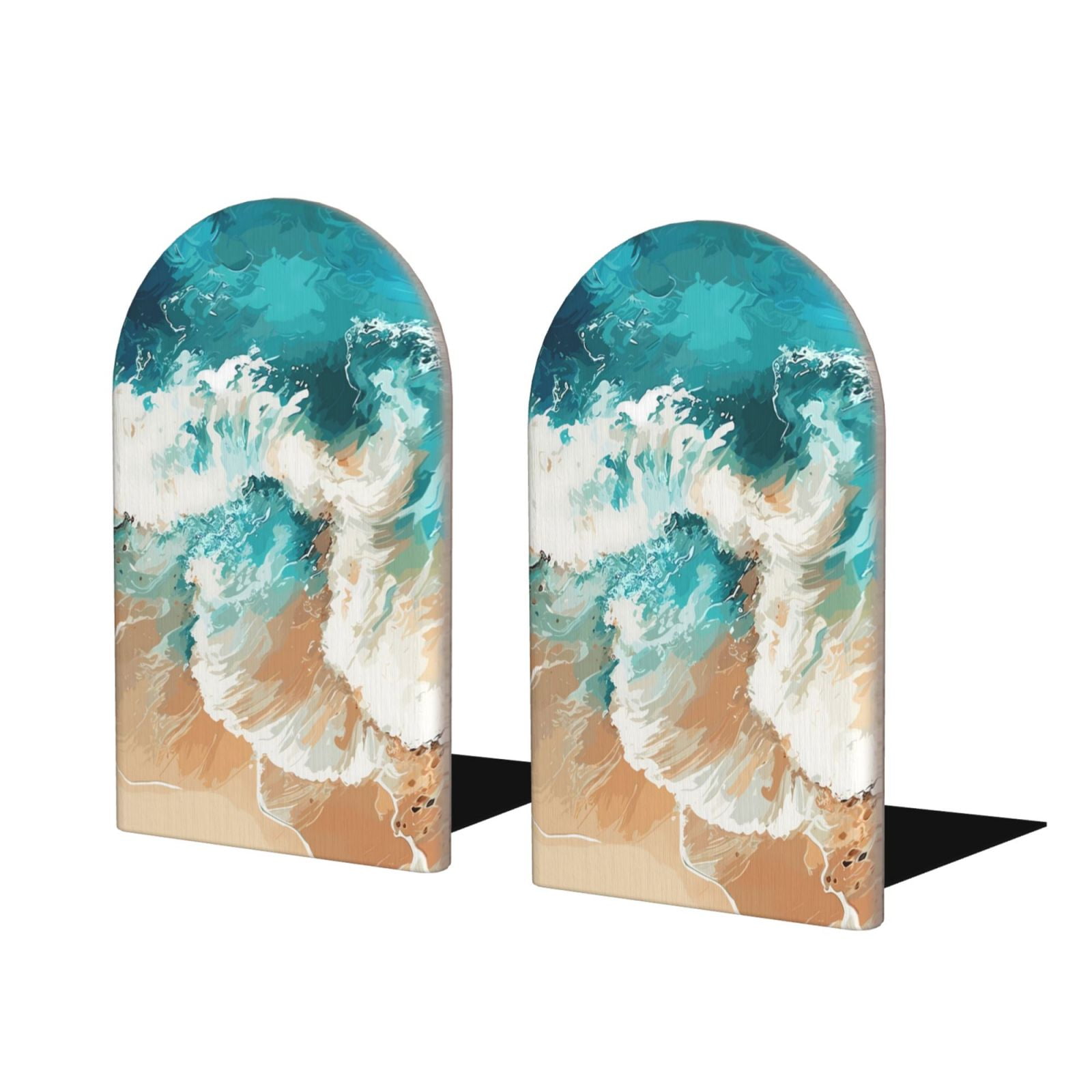 Lukts Ocean Wave Crash Print Wood Bookends,Non-Skid Bookend for Shelves ...
