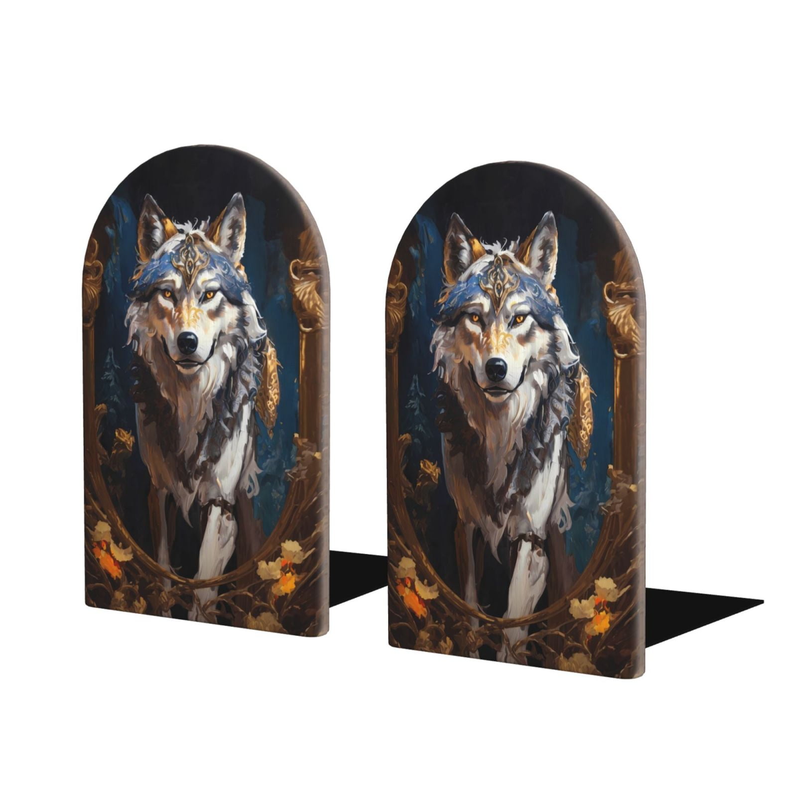 Lukts Oil Painting Tribal Wolf Print Wood Bookends,Non-Skid Bookend for ...