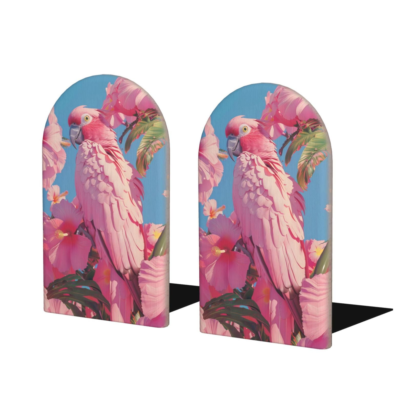 Lukts Pink Parrot Tropical Blossoms Print Wood Bookends,Non-Skid ...