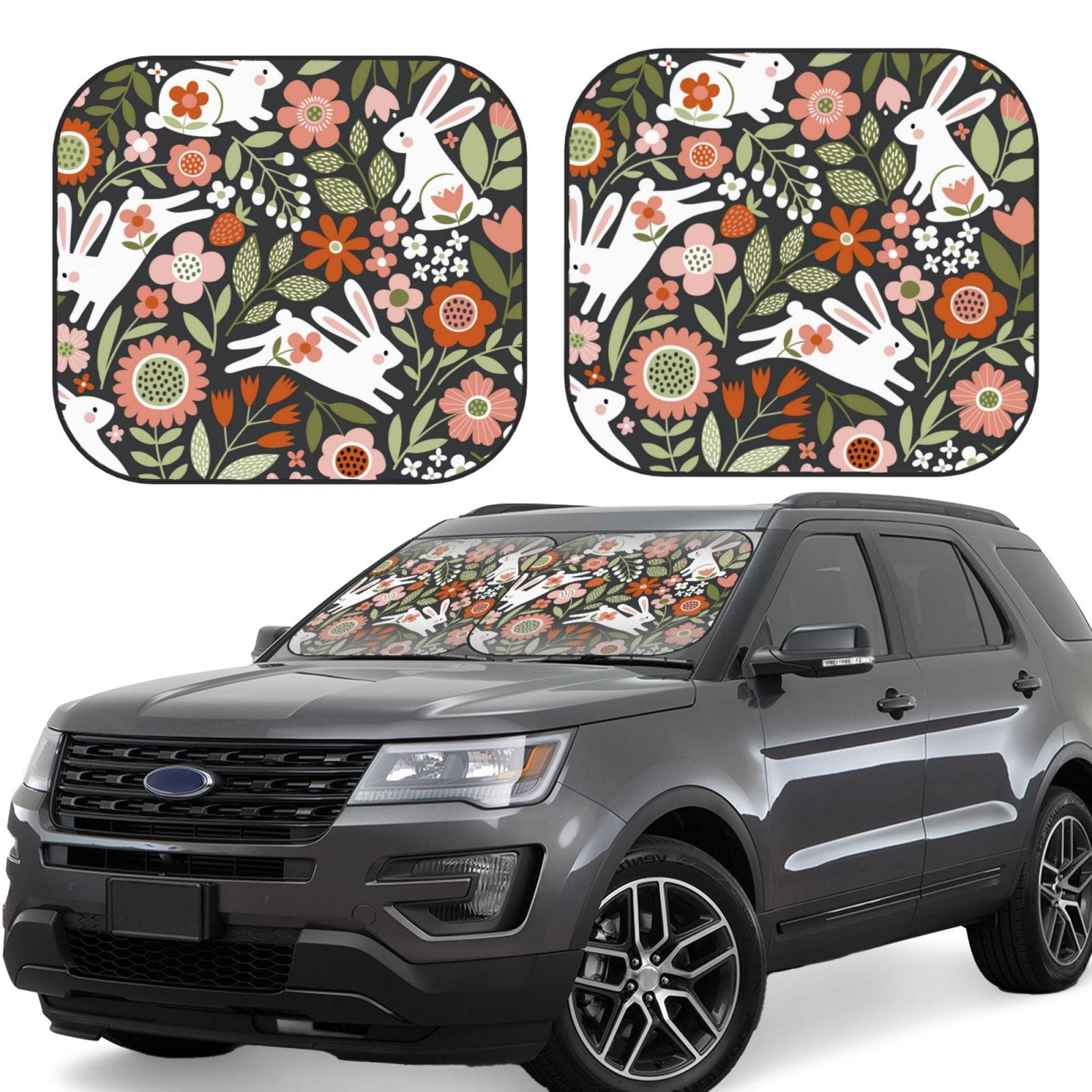 Lukts Rabbits On Floral Print 2 Piece Car Sun Shade Windshield,Foldable ...