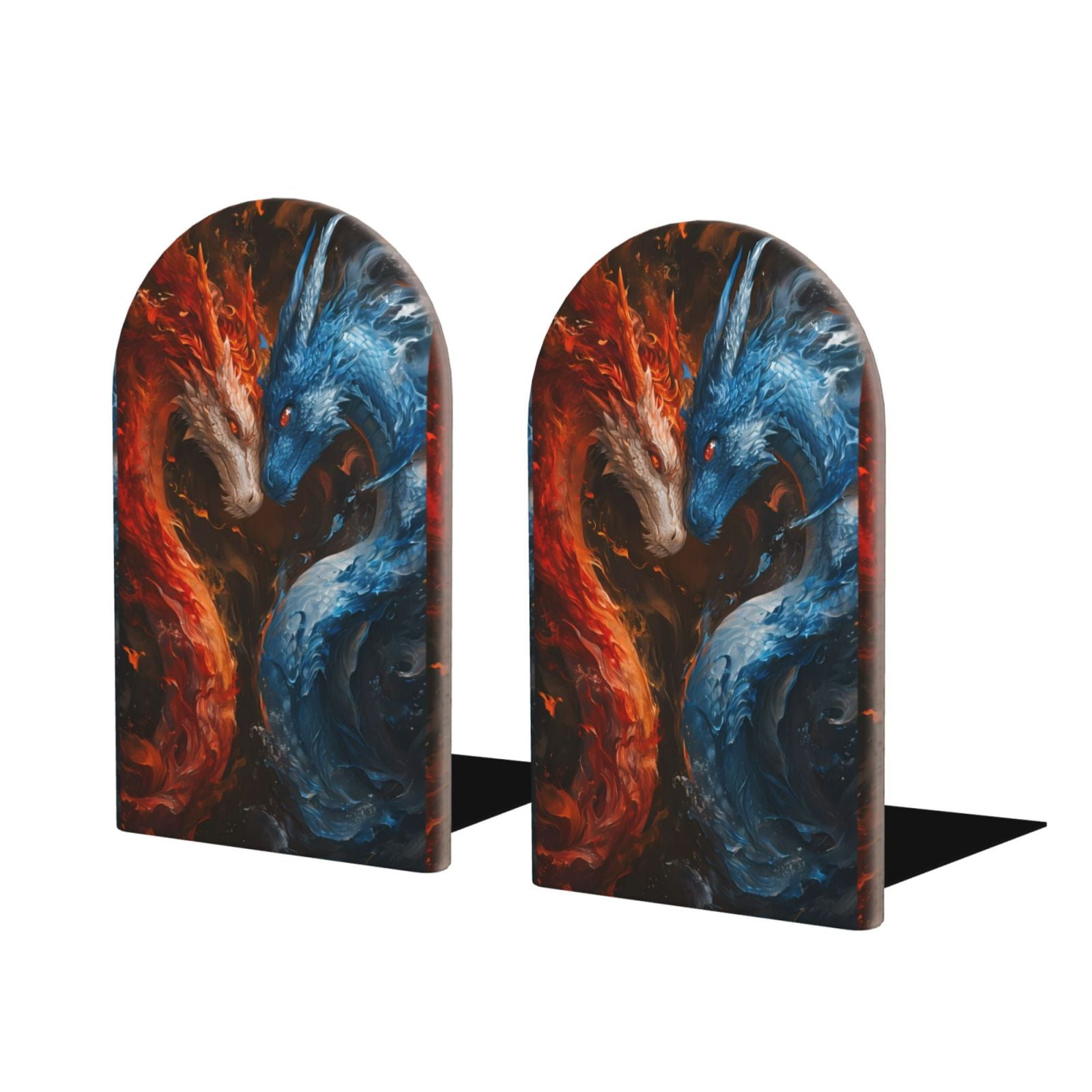 Lukts Red And Blue Fire Dragon F Print Wood Bookends,Non-Skid Bookend ...