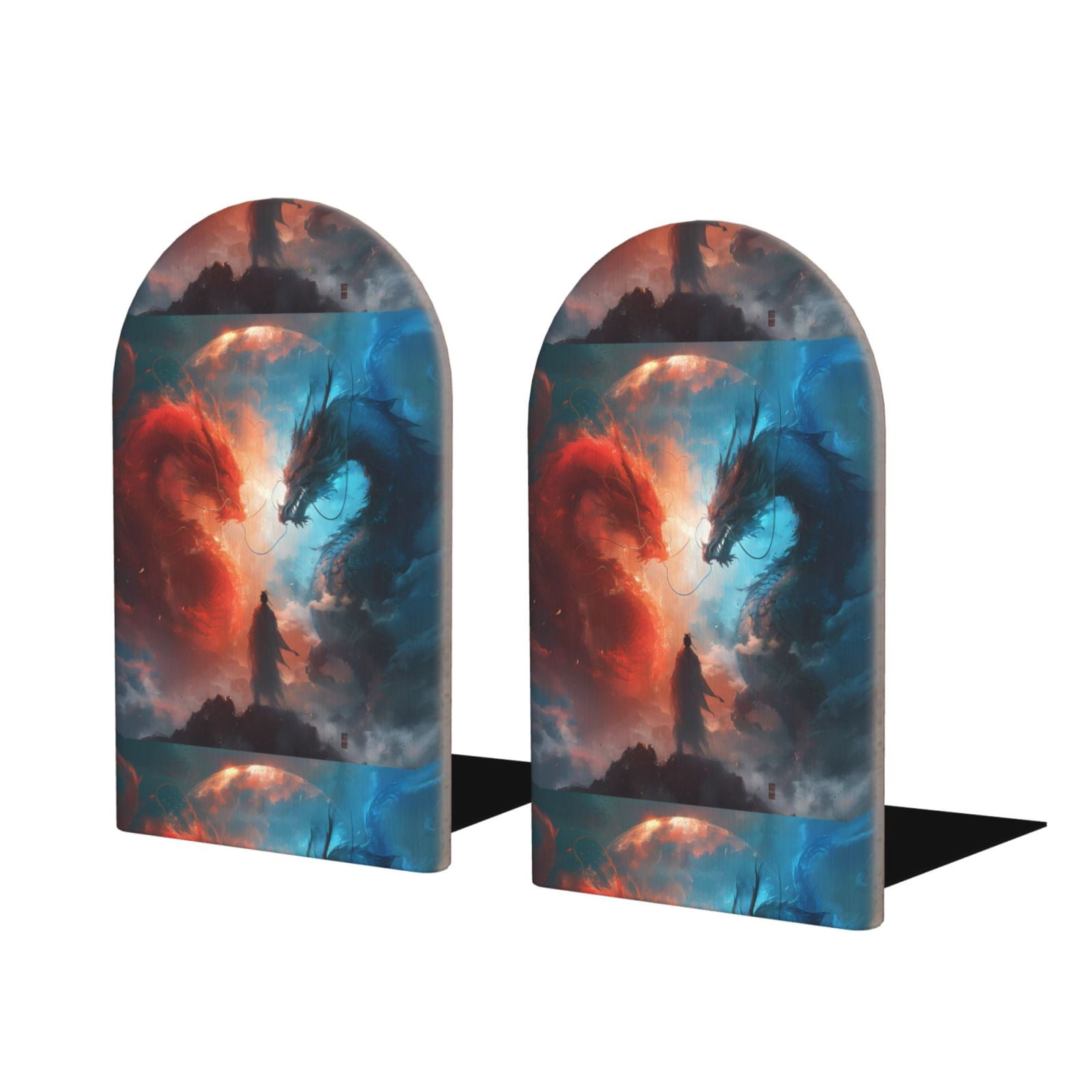 Lukts Red And Blue Sky Dragon Print Wood Bookends,Non-Skid Bookend for ...