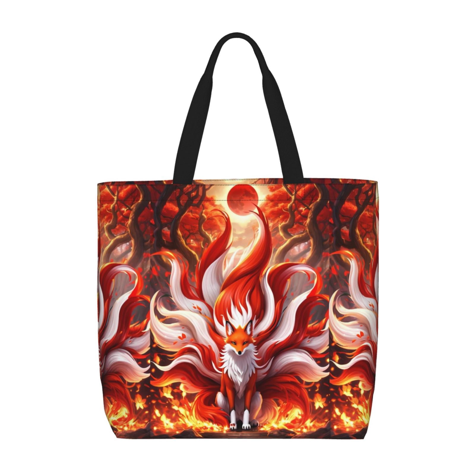 Lukts Red Sun Flame Fox Tote Bag for Women with Zipper Pockets Reusable ...