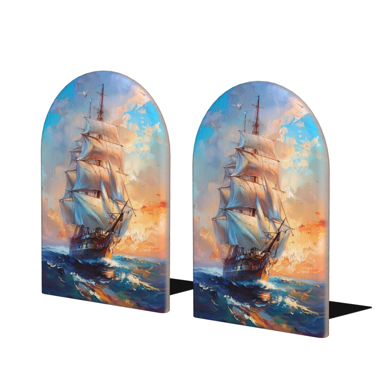 Lukts Sailing Ship Ocean Sunset for Wooden Bookends, Heavy Duty Metal ...