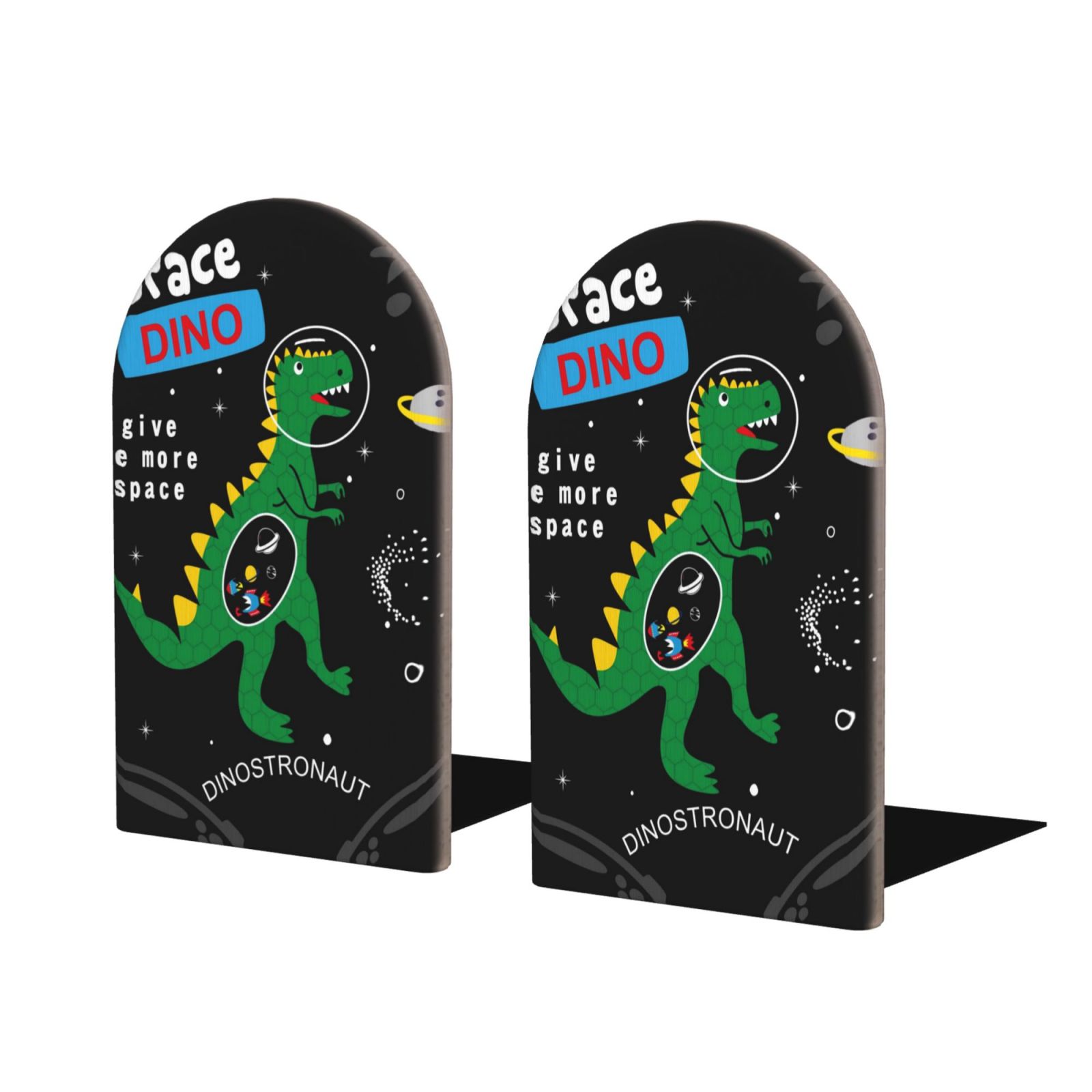 Lukts Space Dino Cartoon Black Print Wood Bookends,Non-Skid Bookend for ...